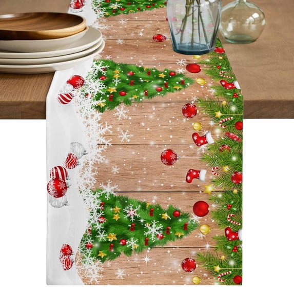 Christmas Tree Table Runner 72 Inches, Xmas Red Balls Pine Branches ...