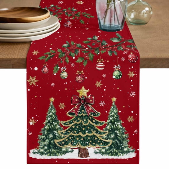 Christmas Tree Table Runner 90 Inches, Red Winter Xmas Ball Berry ...