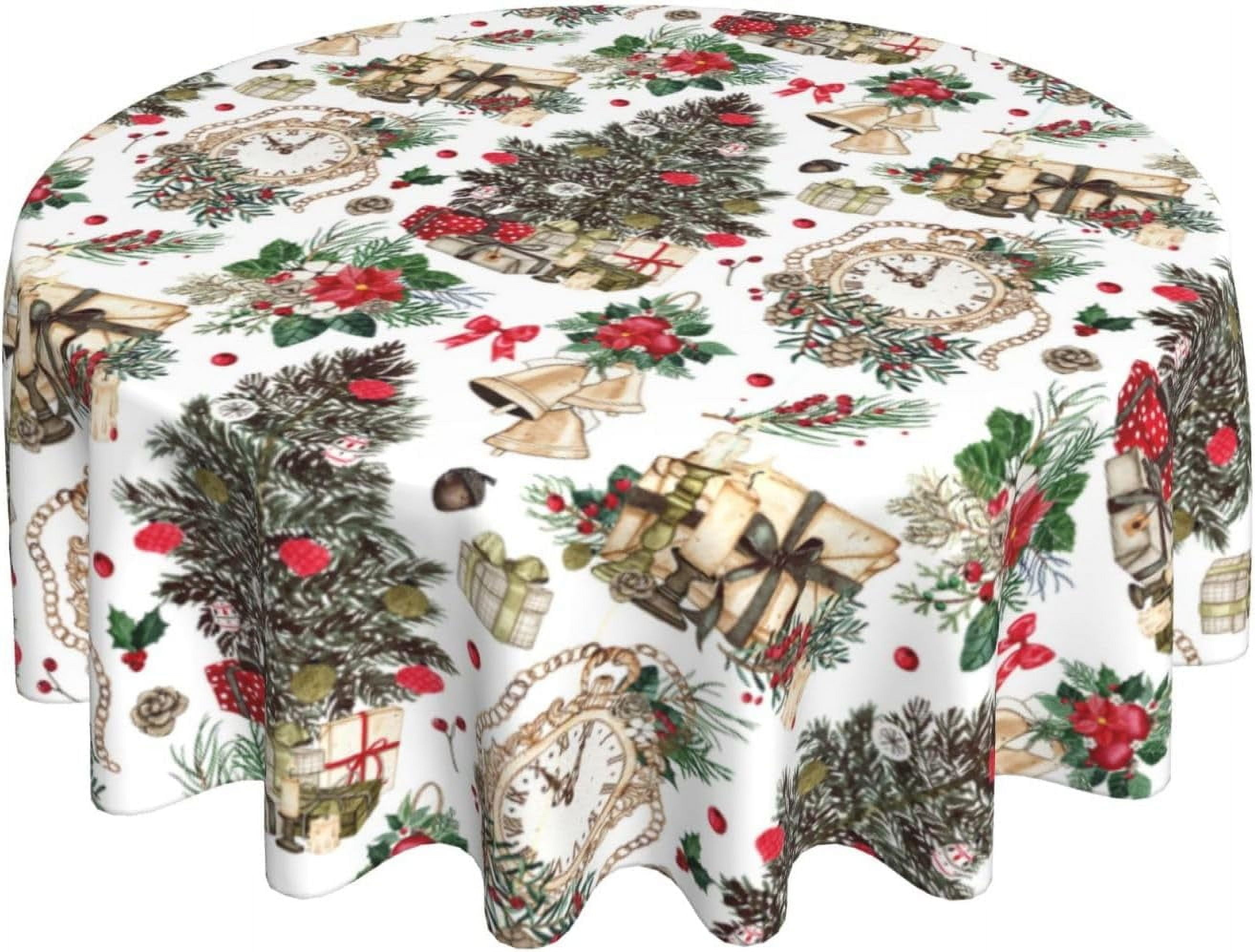 Christmas Tree Tablecloth Round 60 Inch Xmas Bell Berry Flower Clock ...