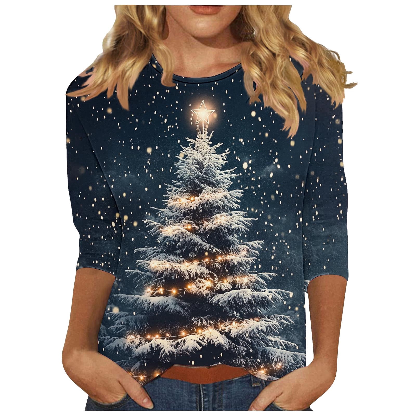 Christmas Tree Tees for Women 3/4 Sleeve Loose Casual Tunic Blouses ...