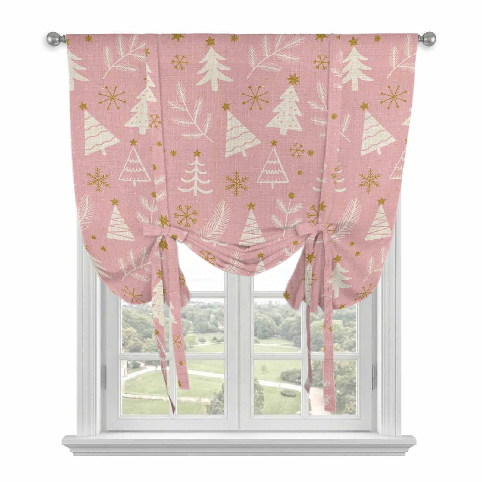 Christmas Tree Tie Up Curtains, Gold Star Snowflakes Winter Pink ...