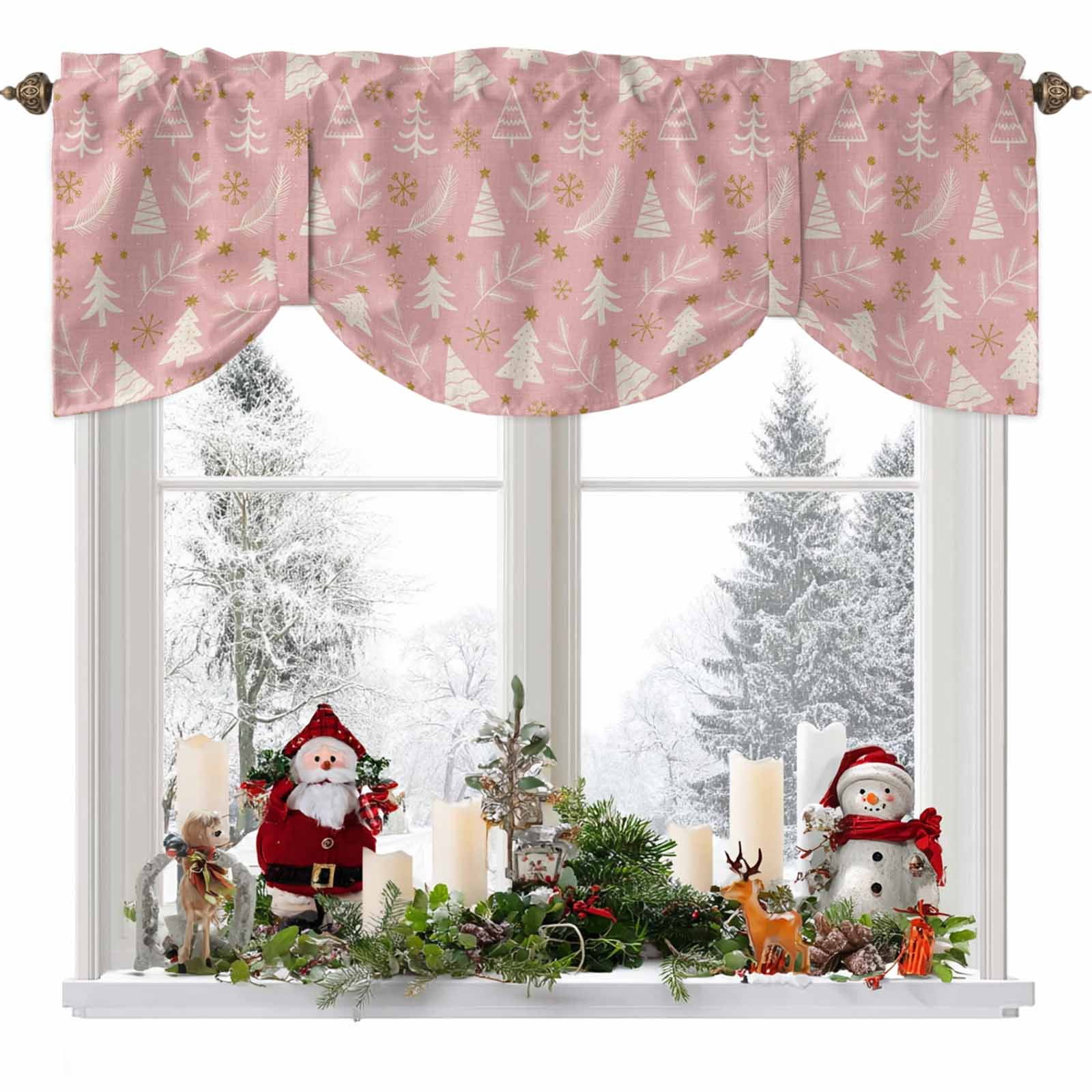 Christmas Tree Tie Up Valances Curtain, Gold Star Snowflakes Winter ...