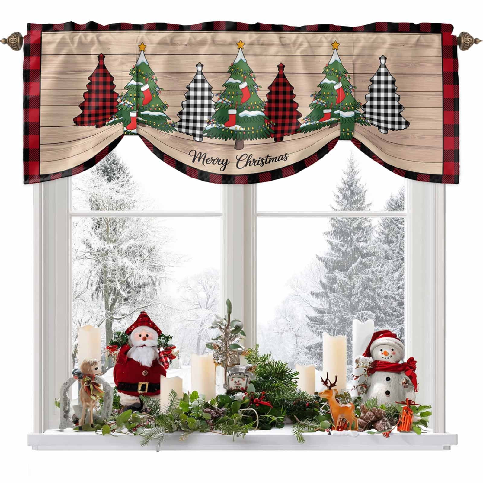 Christmas Tree Tie Up Valances Curtain, Pine Tree Wood Grain Red Black ...
