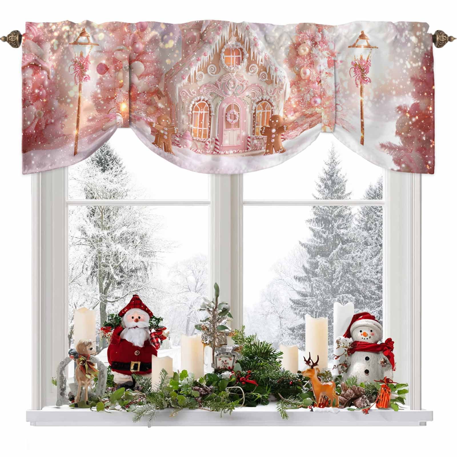 Christmas Tree Tie Up Valances Curtain, Pink Xmas Ginger Bread Man ...