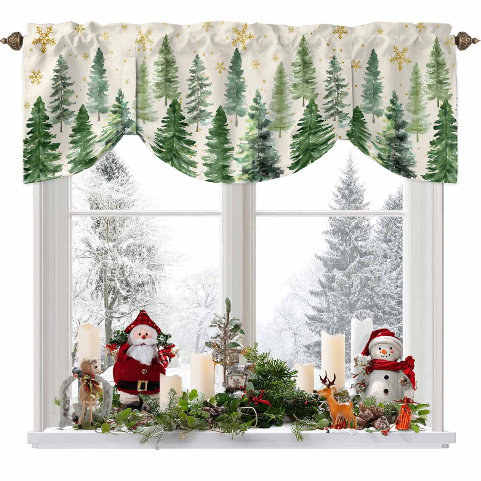 Christmas Tree Tie Up Valances Curtain, Winter Xmas Pine Tree Forest ...