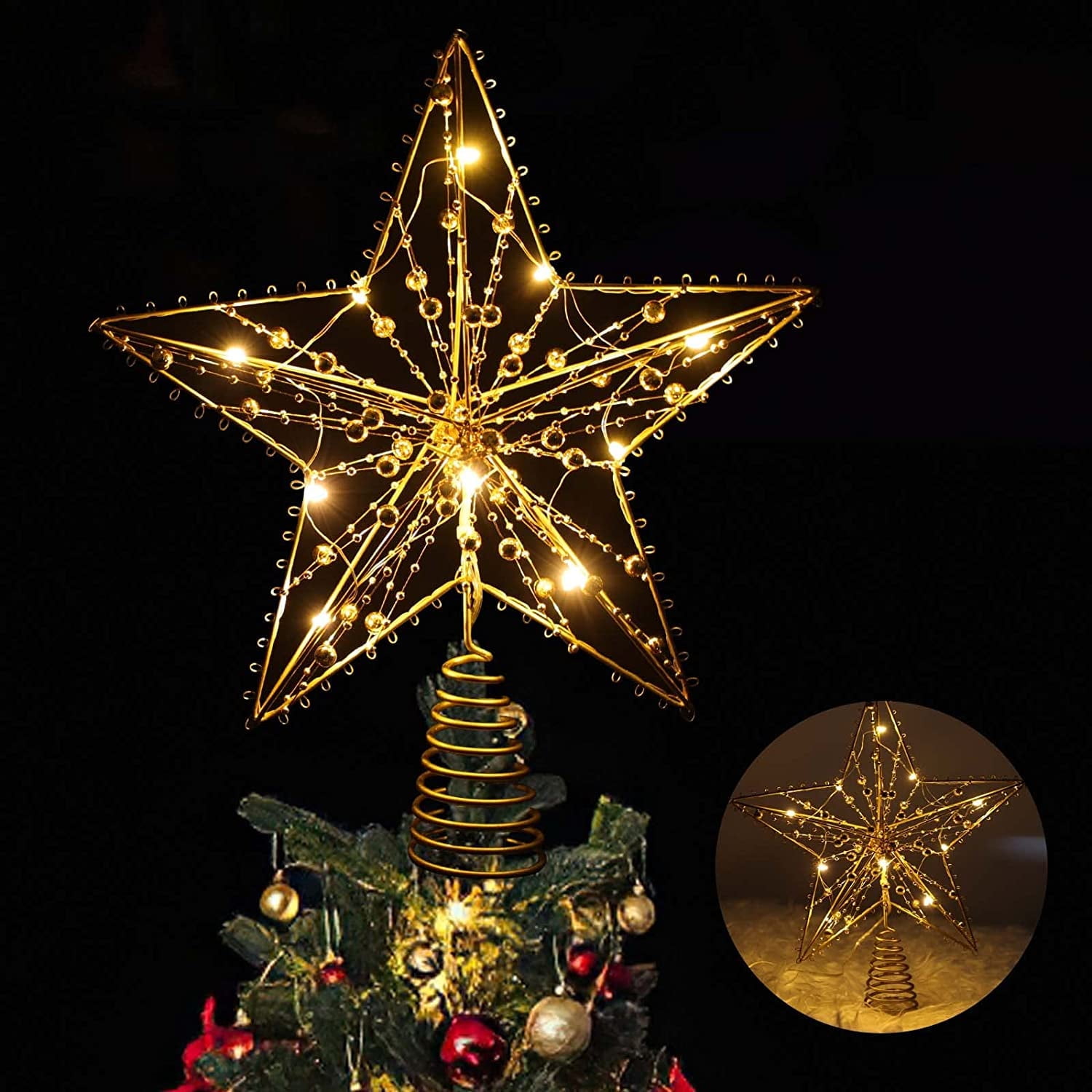 Happiwiz LED Christmas Tree Topper, 9.84'' Gold Star with Beads ...
