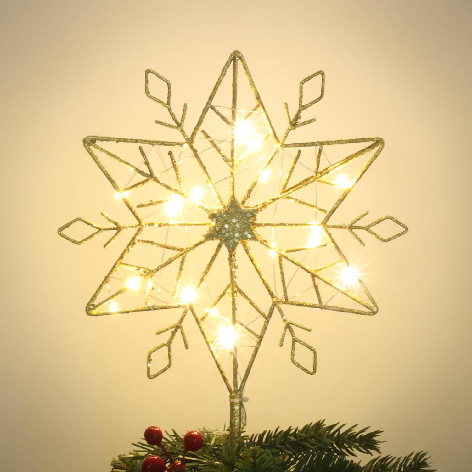 Christmas Tree Topper, 11 Inches Lighted Gold Glittered 8-Point Star ...