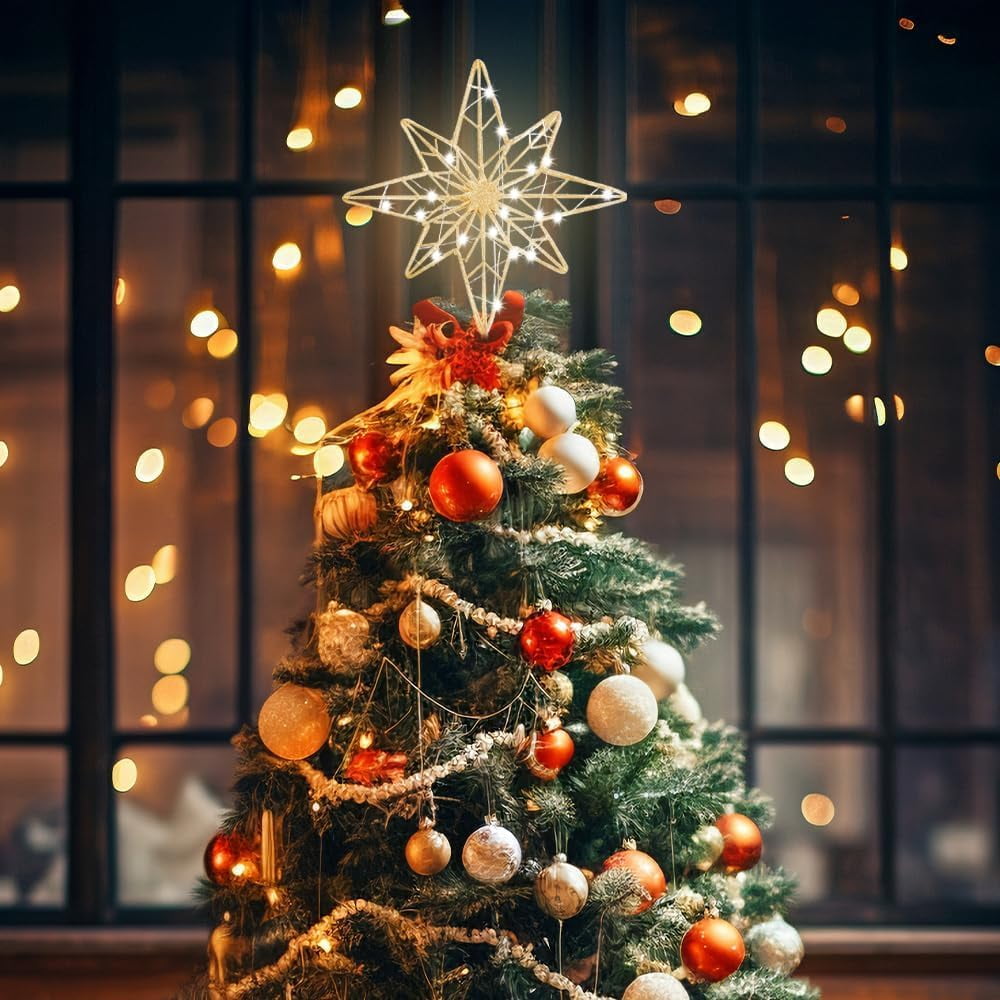 Christmas Tree Topper, 11 Inches Lighted Gold Glittered 8-Point Star ...