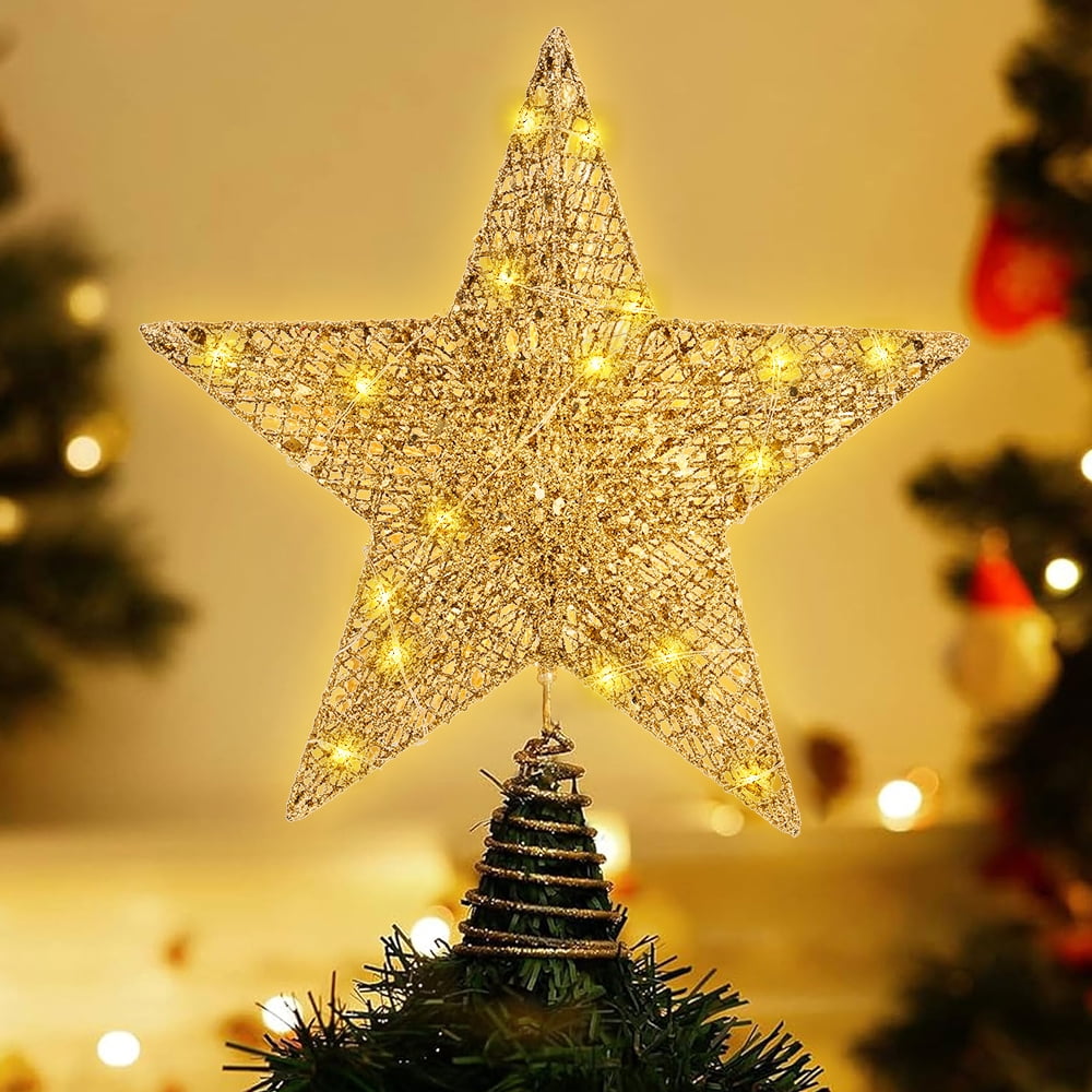 Christmas Tree Topper 12 inch Glitter Gold Star Tree Topper 30 LED ...