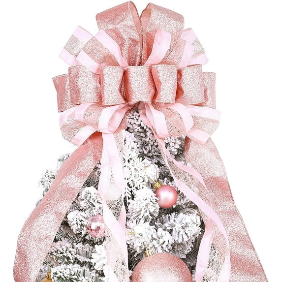 Christmas Tree Topper, 40x13 Inches Toppers Bow with Glitter Satin Mesh ...