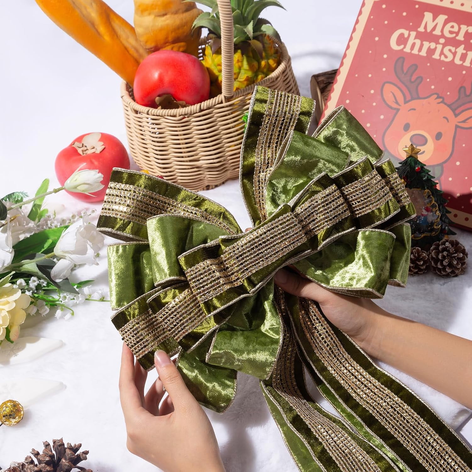 Christmas Tree Topper, 40x13 Inches Toppers Bow with Glitter Satin Mesh ...