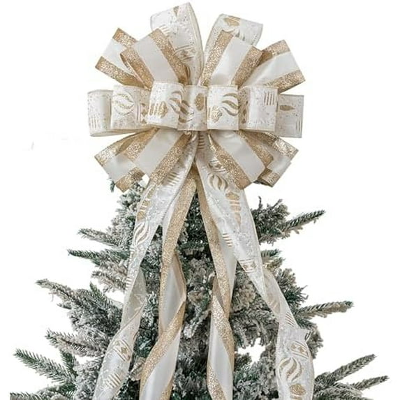 Christmas Tree Topper, 40x13 Inches Toppers Bow with Glitter Satin Mesh ...