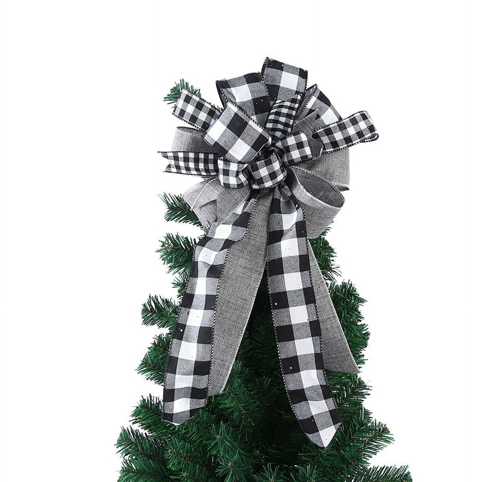 Christmas Tree Topper Bow, Black White Plaid Buffalo Toppers Decorative ...