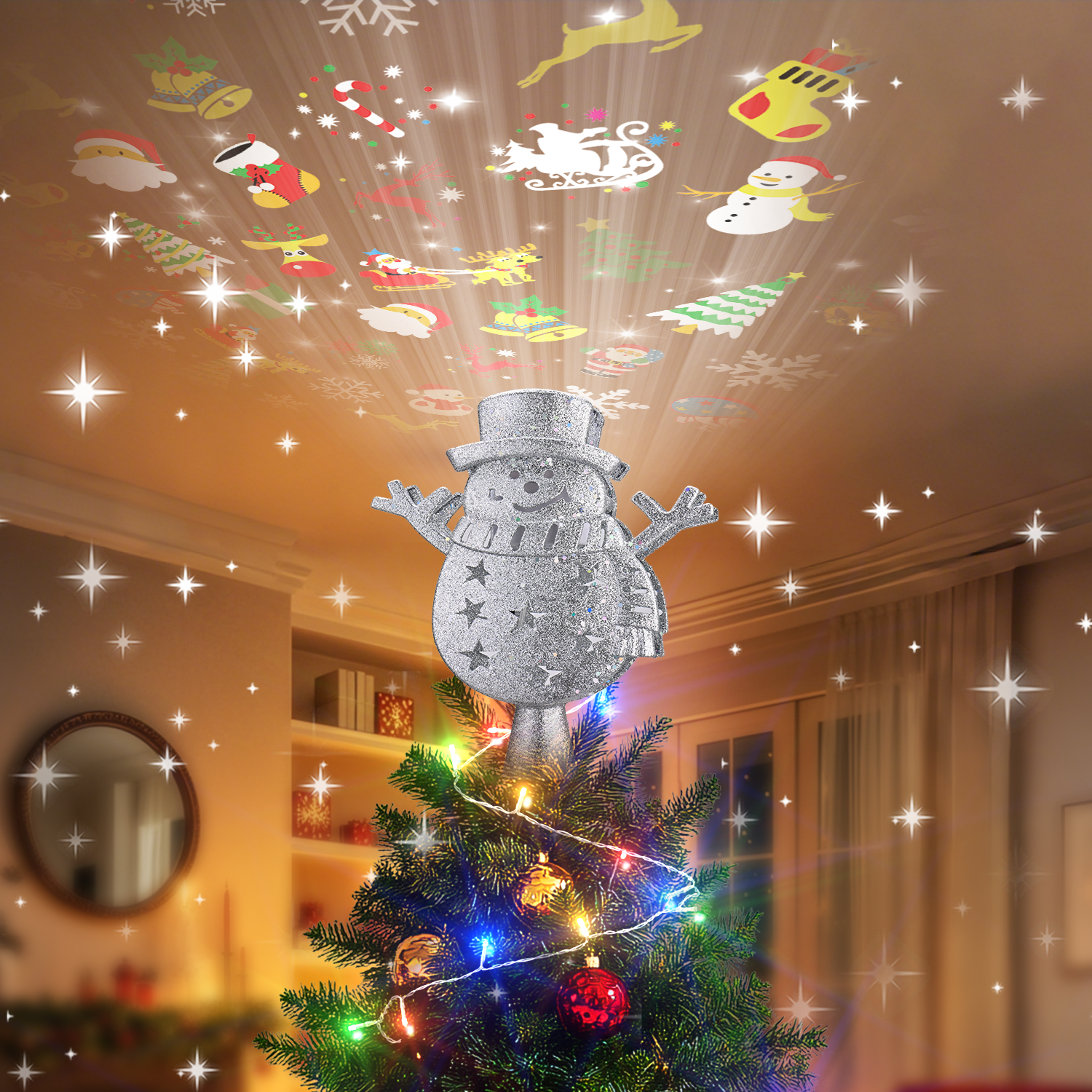 Christmas Snow Tree Topper, 3D Glitter Snowflake Tree Topper Built-in ...