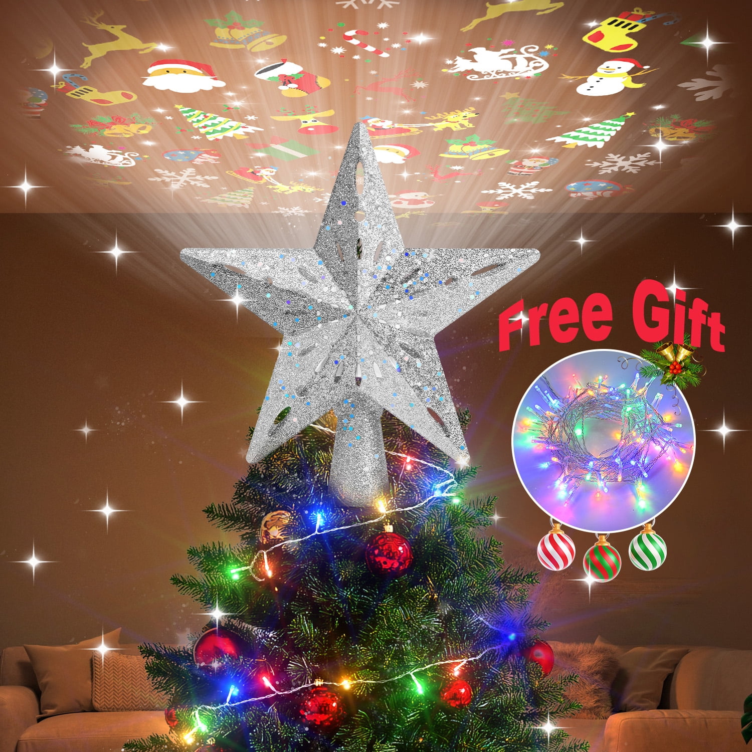 Christmas Tree Topper, Snowflake Tree Topper Built-in LED Rotating ...