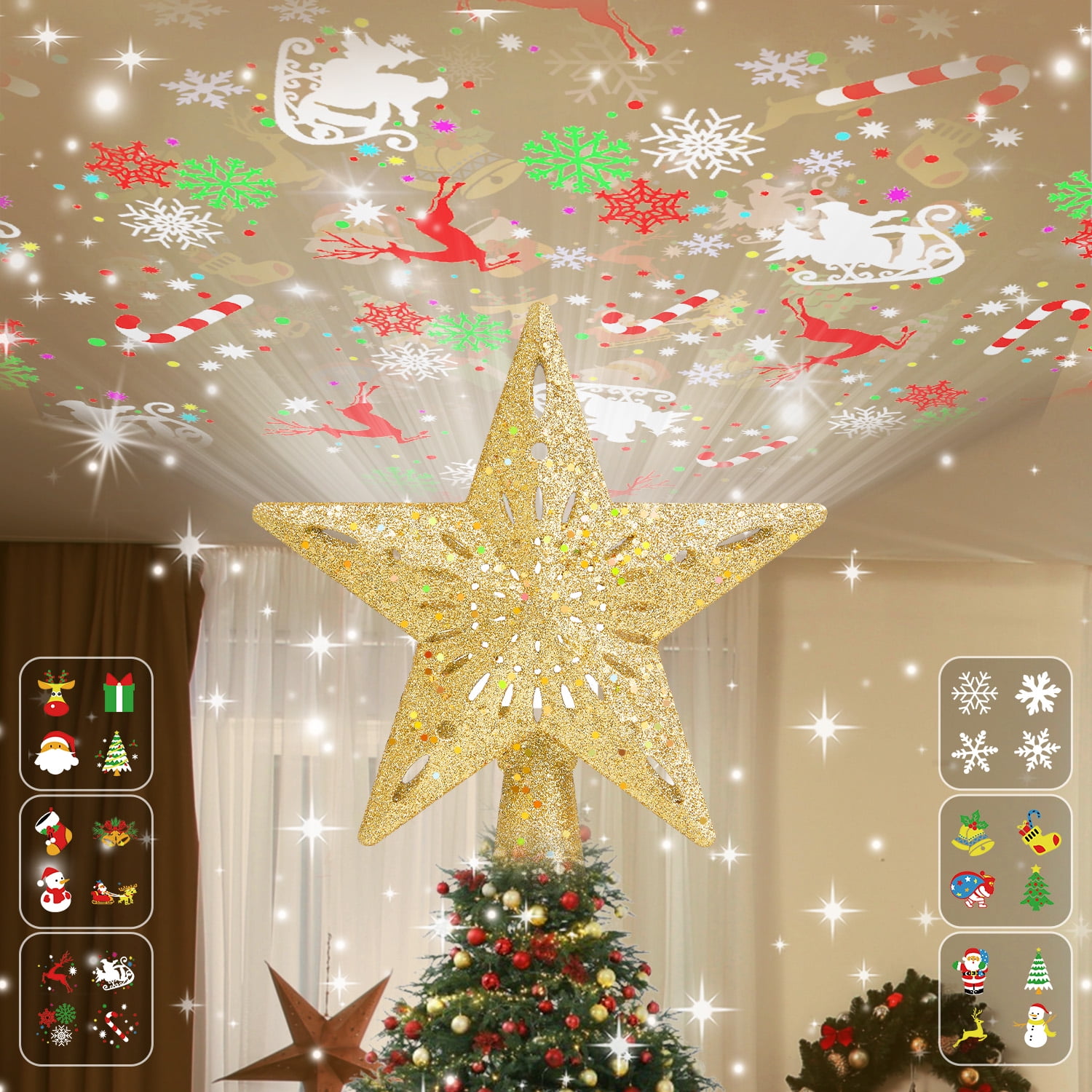 Christmas Tree Topper Decoration Lights LED Rotating Projector ...