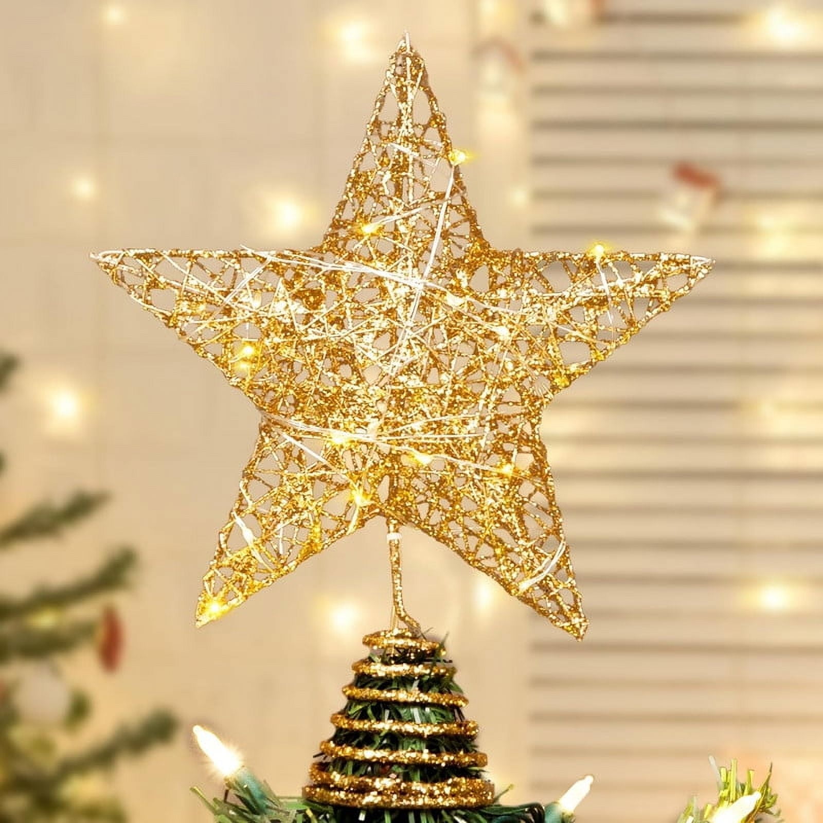 Christmas Tree Topper, Gold Glitter Hollow 5-Point Star with Lights ...