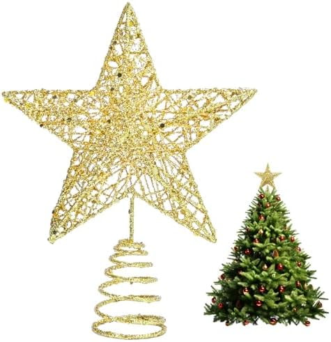 Christmas Tree Topper, Gold Glittered Star with Hollow Design, Tree ...