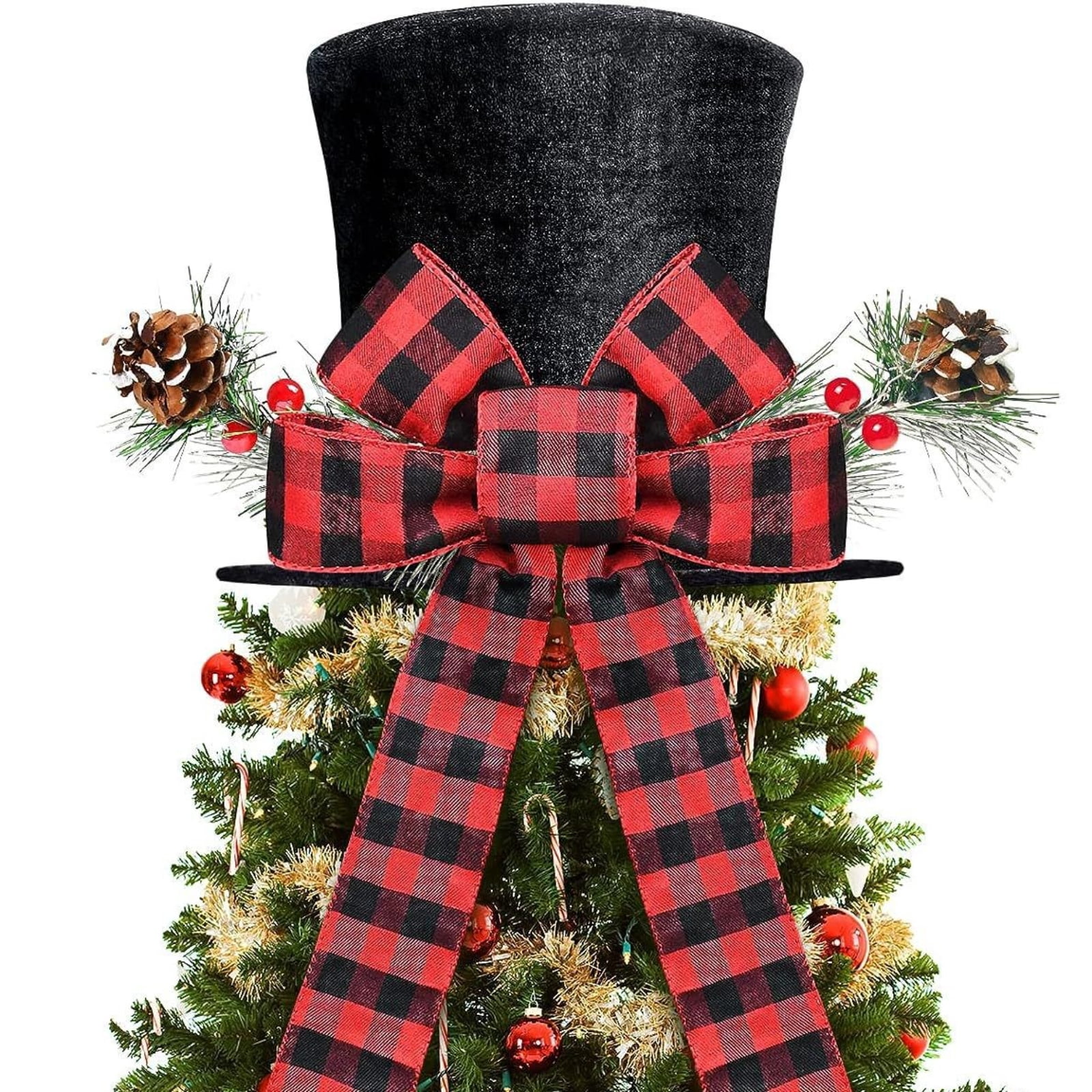 Christmas Tree Topper, Large Black Tree Topper with Plaid Bow Ribbon ...