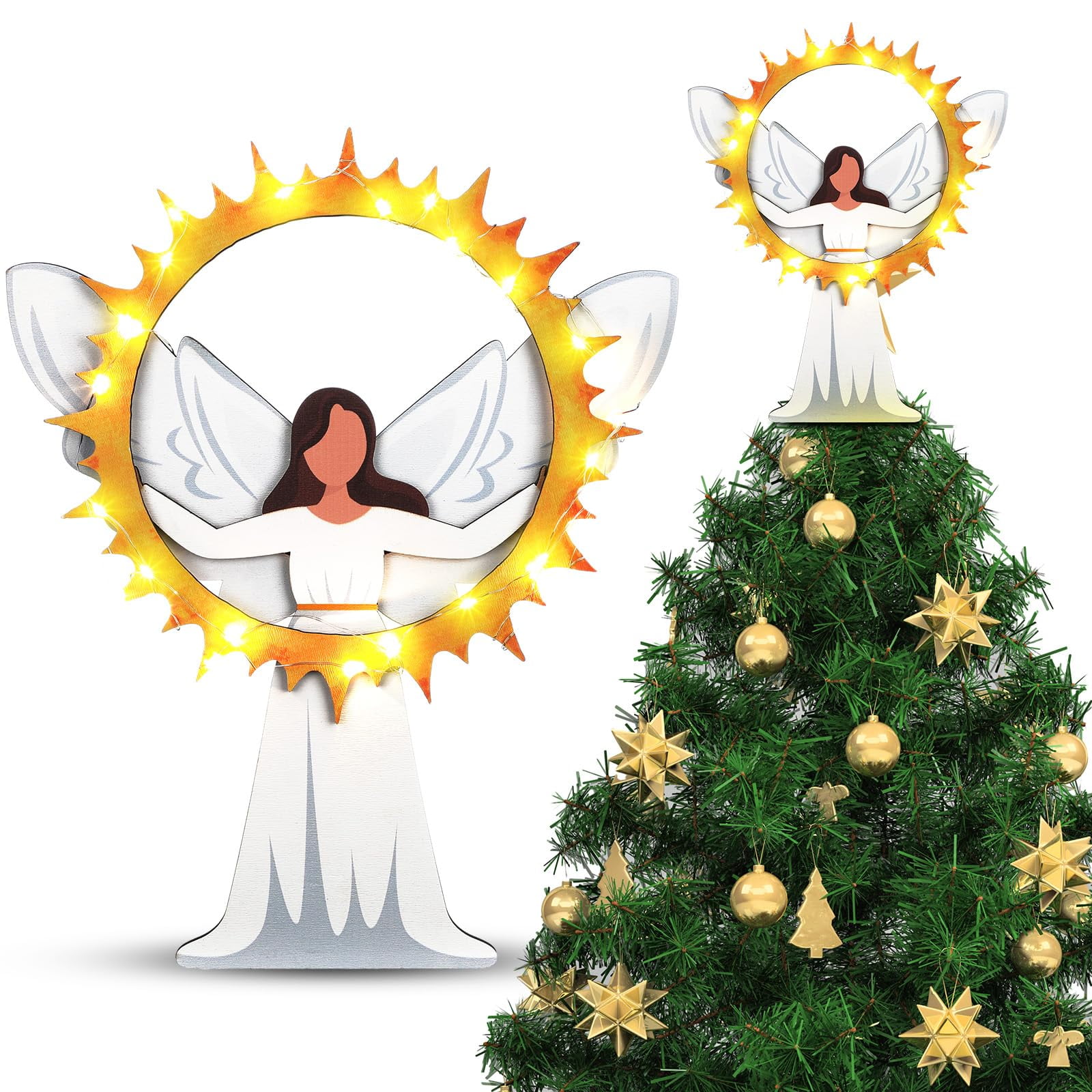 Christmas Tree Topper Lighted 11.8 Inch Wooden Angel Tree Topper Rustic ...