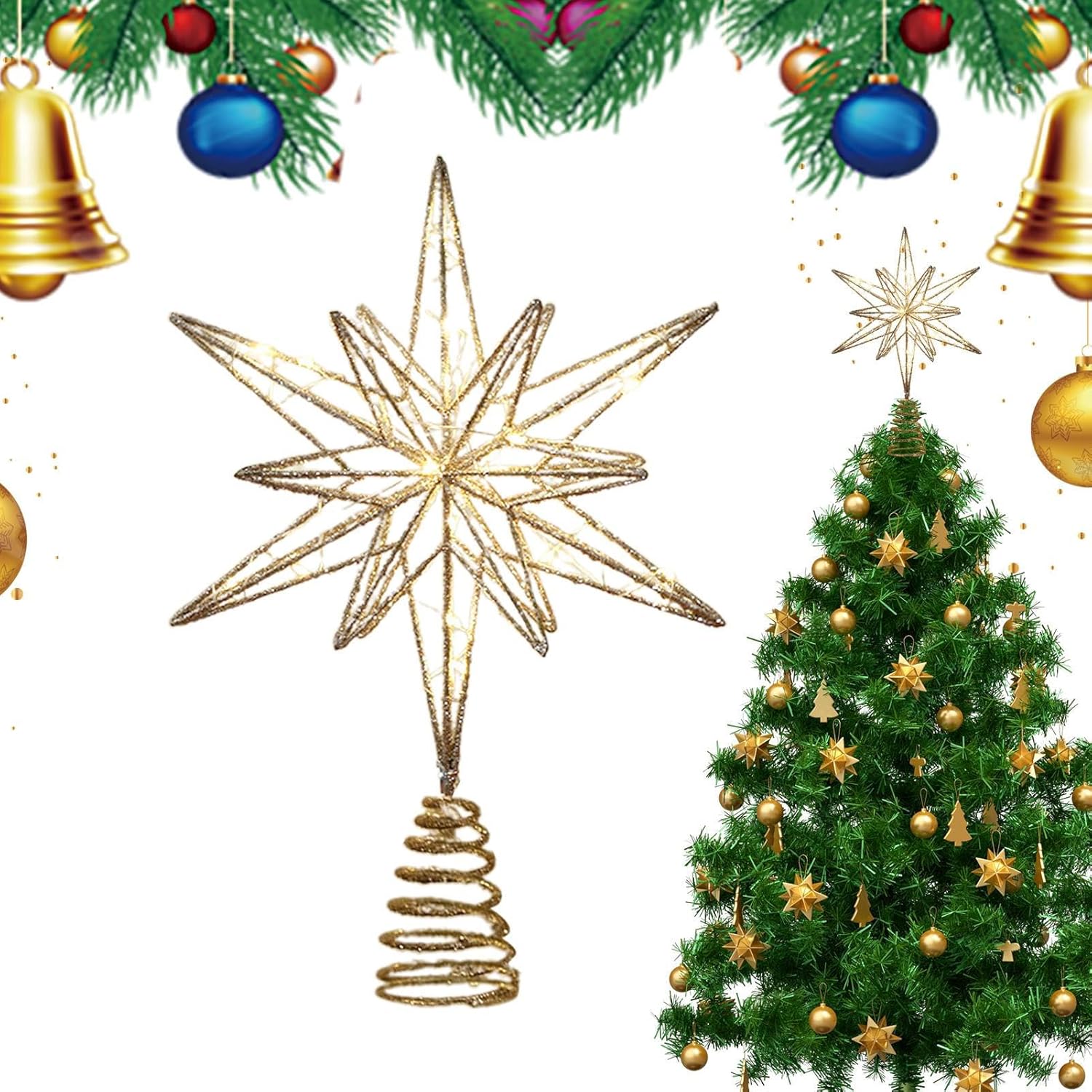 Christmas Tree Topper Lighted 13 Inches Gold Glittered, LED Sparkling ...