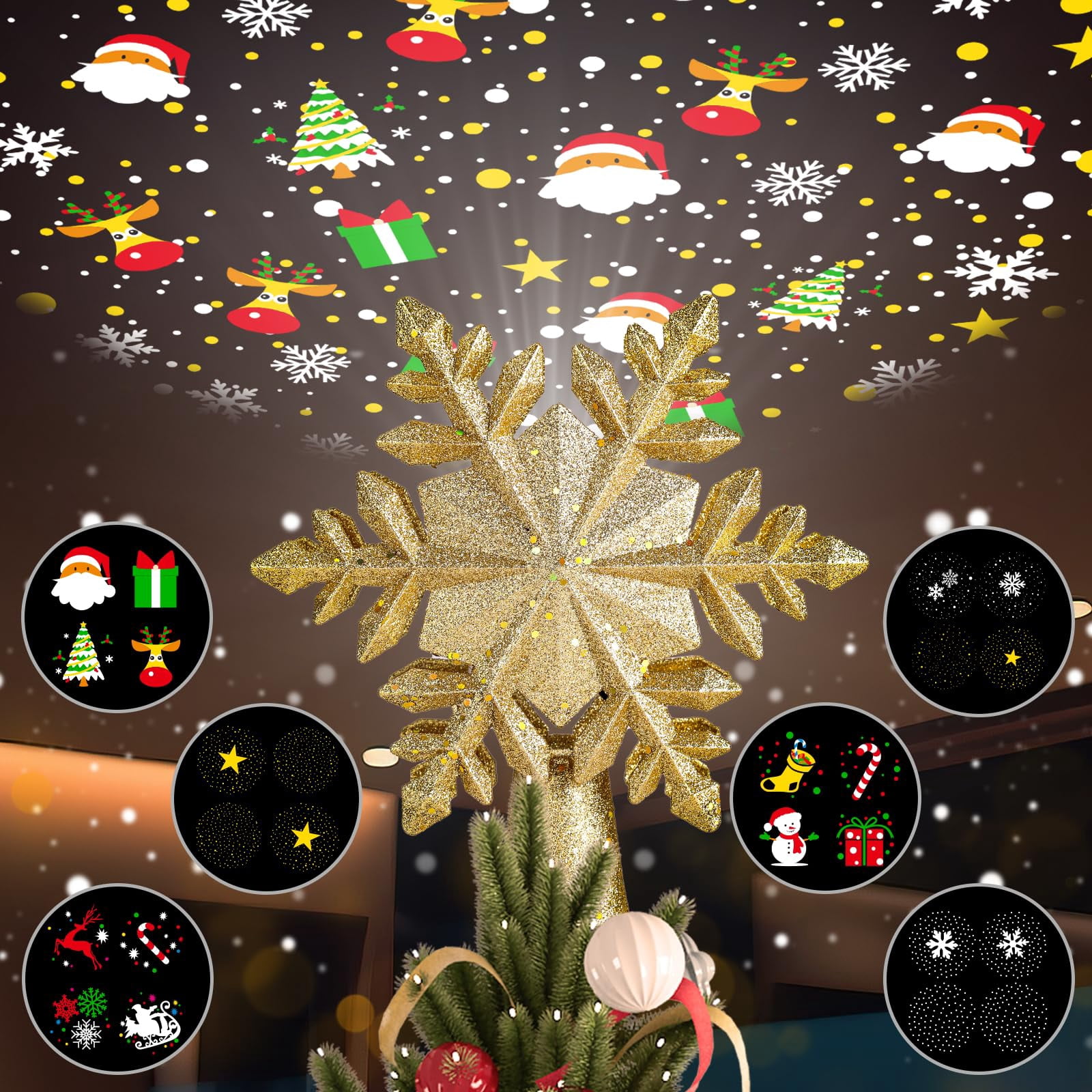 Christmas Tree Topper Lighted, 3D Glitter Snowflake Tree Topper Built ...