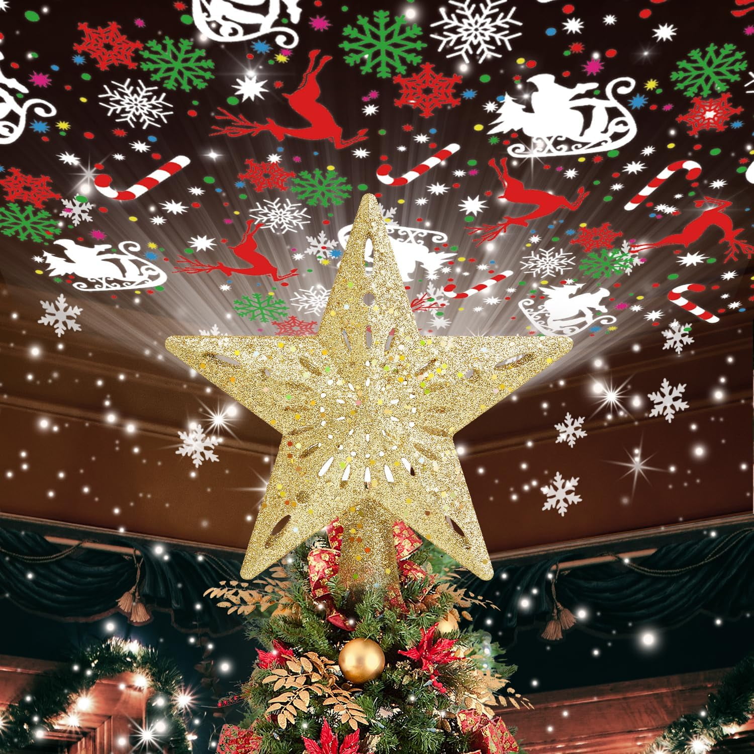 Christmas Tree Topper Lighted with 6 Projected Patterns, Christmas Star ...