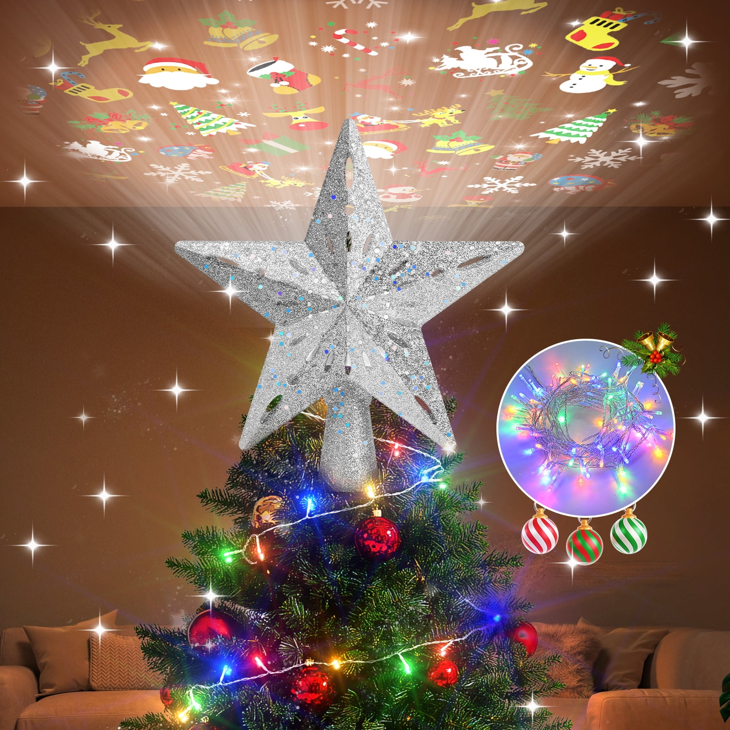 LED Projection Christmas Tree Topper, Rotating Snowflake, 3D Hollow ...
