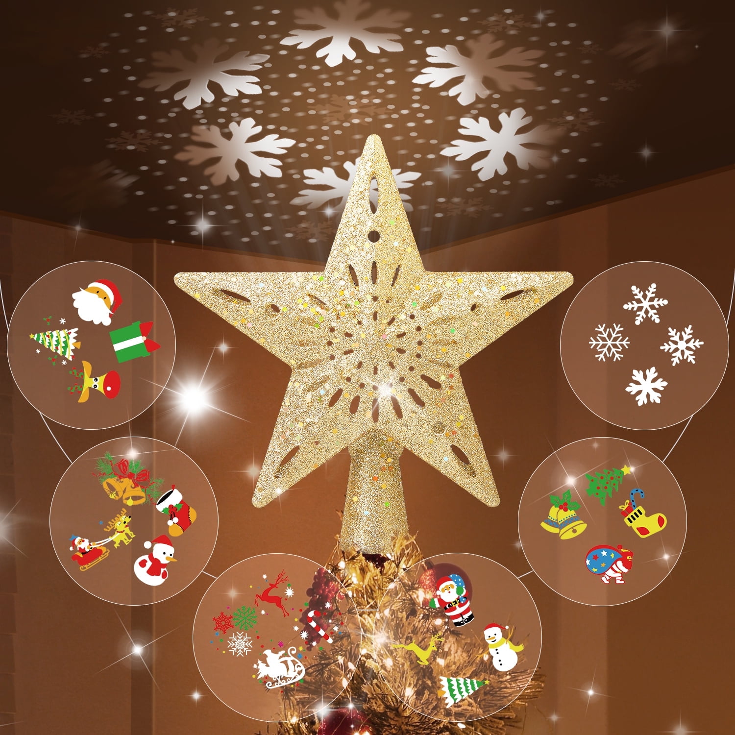 LED Christmas Tree Topper with Rotating Snowflake Projector, 3D Hollow ...