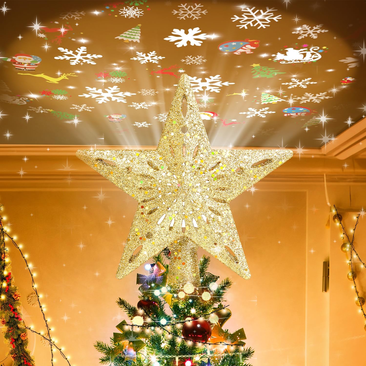 Christmas Tree Topper Lighted with 6 Projection Modes, Christmas Star ...