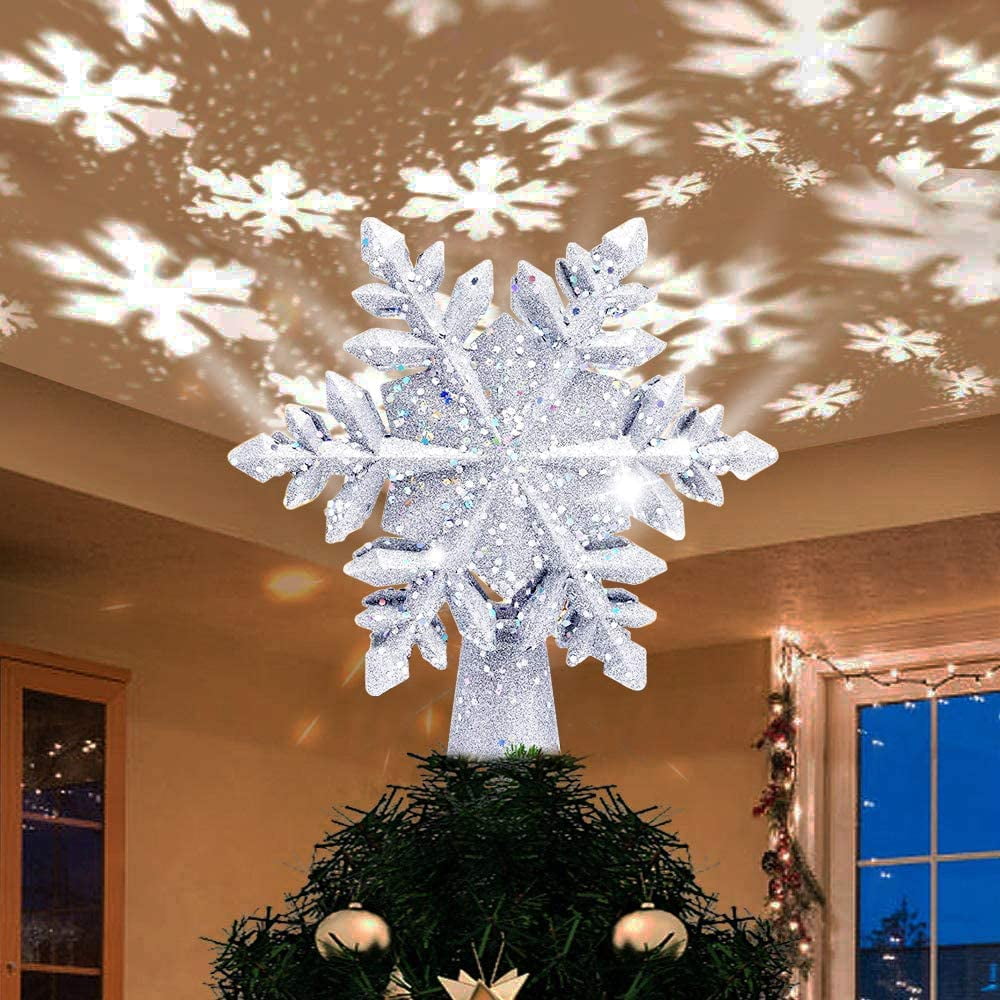 Christmas Tree Topper, Glittery LED Snowflake Star, Rotating Projection ...