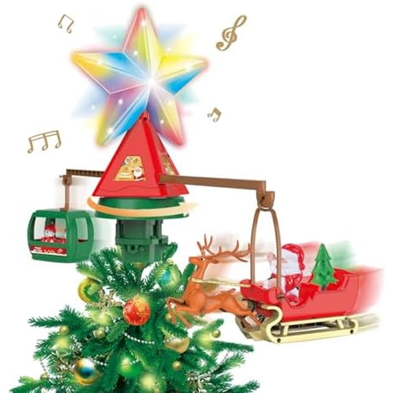 Christmas Tree Topper Lighted with Rotating Animated Santa Deer Sled ...