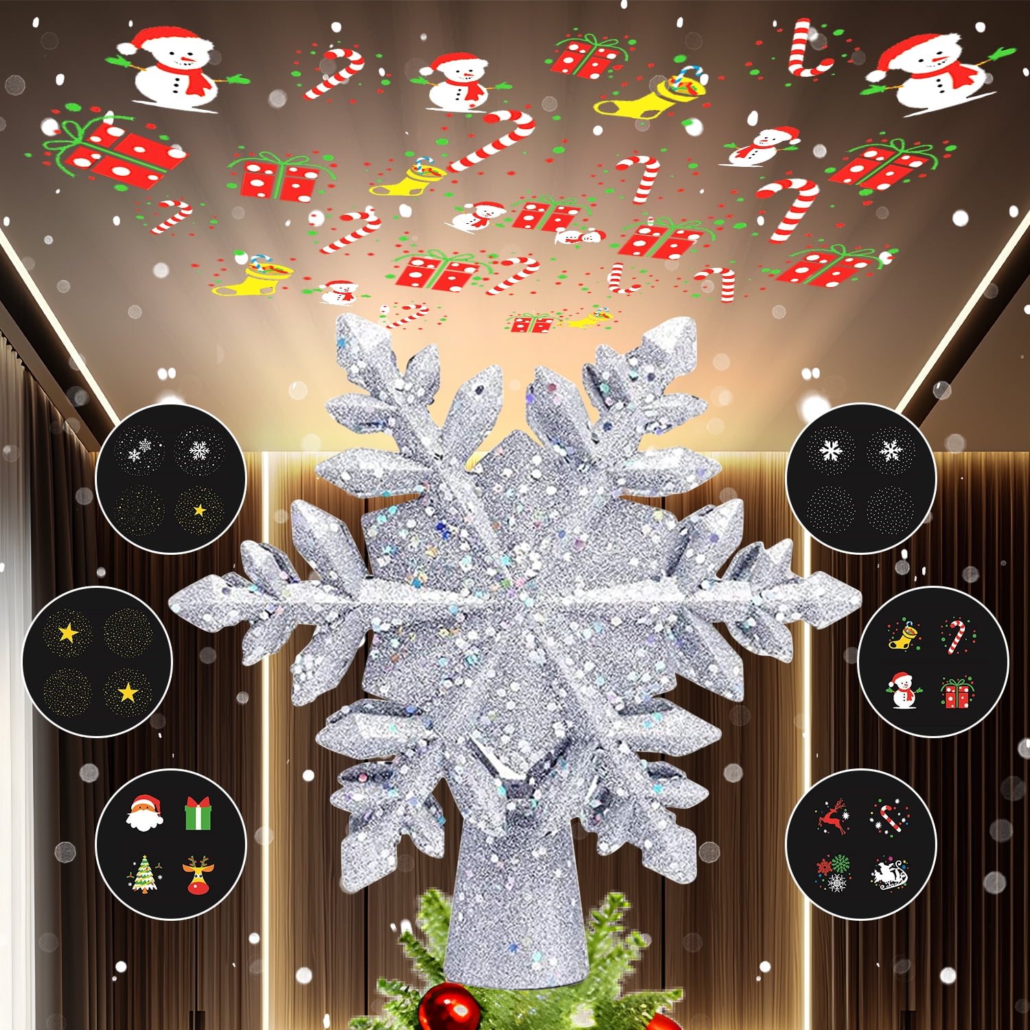 Christmas Tree Topper Lighted with Snowflake Lighted Projector,6 ...