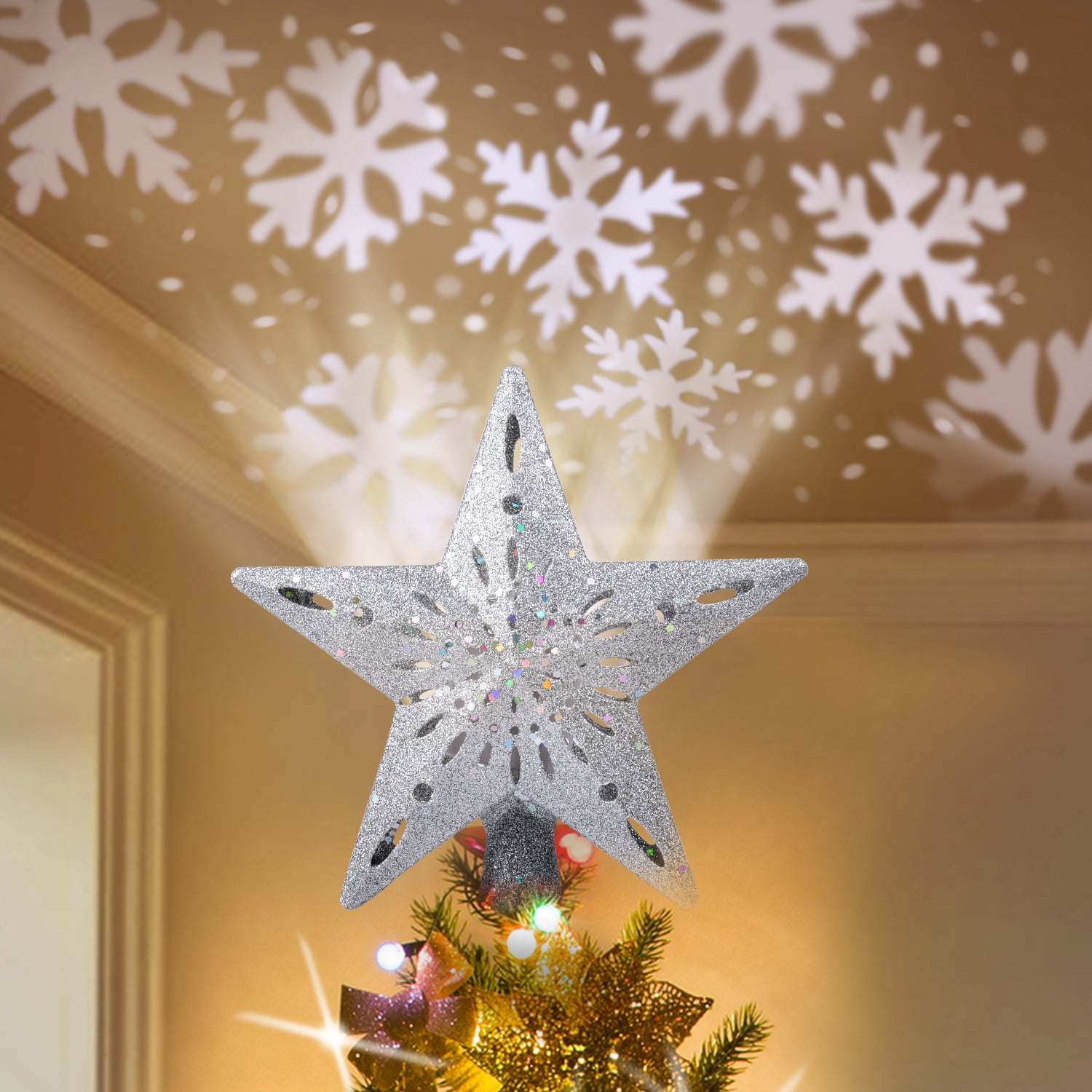 Christmas Tree Topper Lighted Star with Rotating Snowflake Projector 3D ...