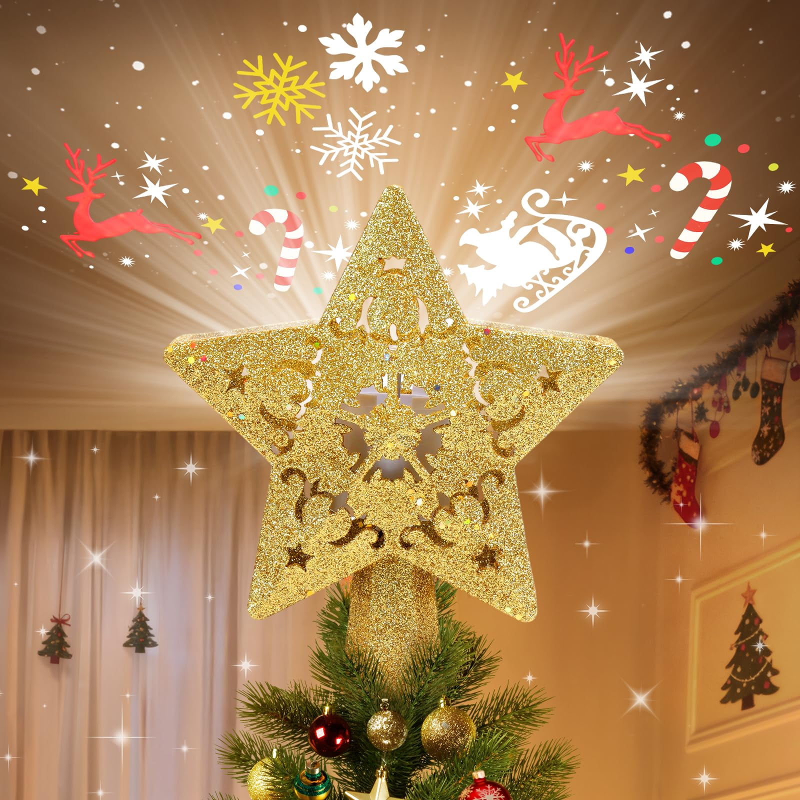 Beiou Christmas Tree Topper Projector, LED Star Tree Topper Light, Xmas ...