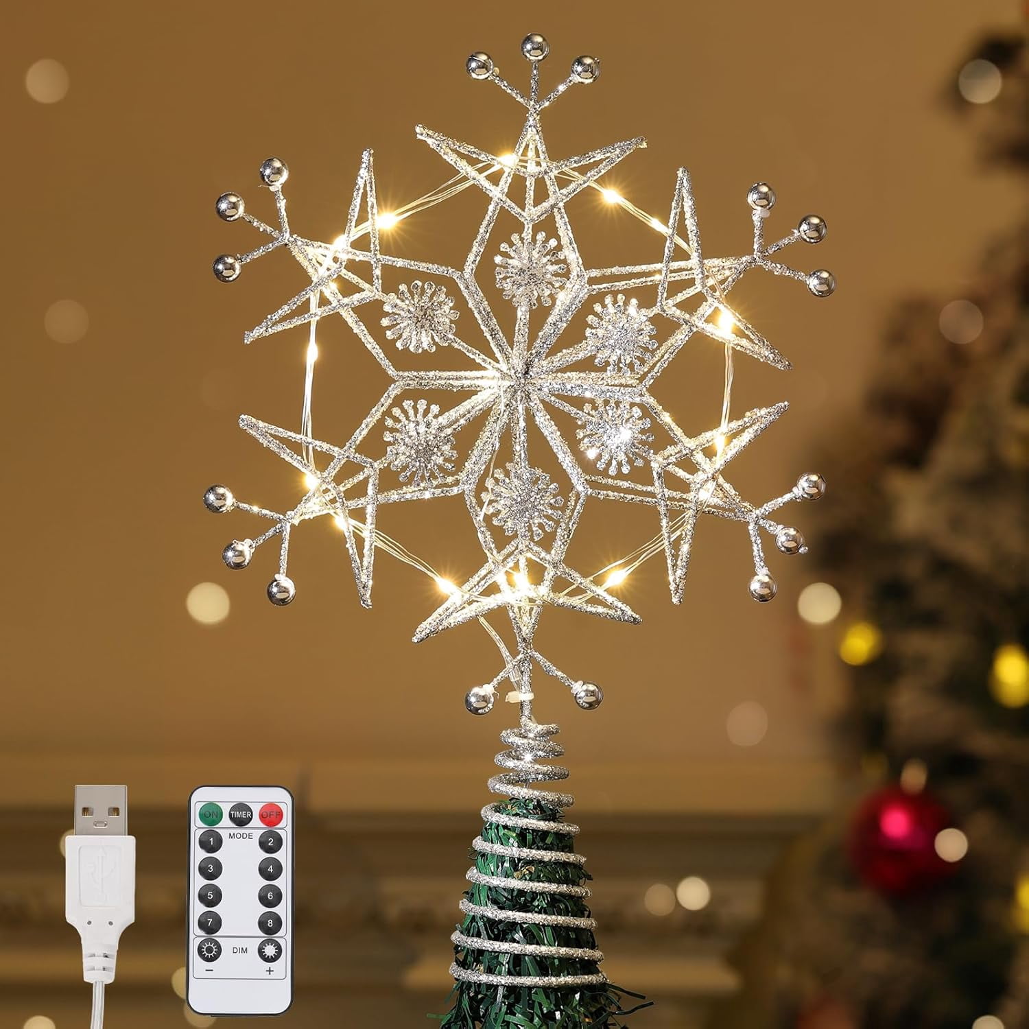 Christmas Tree Topper, Metal Frame Snowflake Christmas Tree Topper with ...