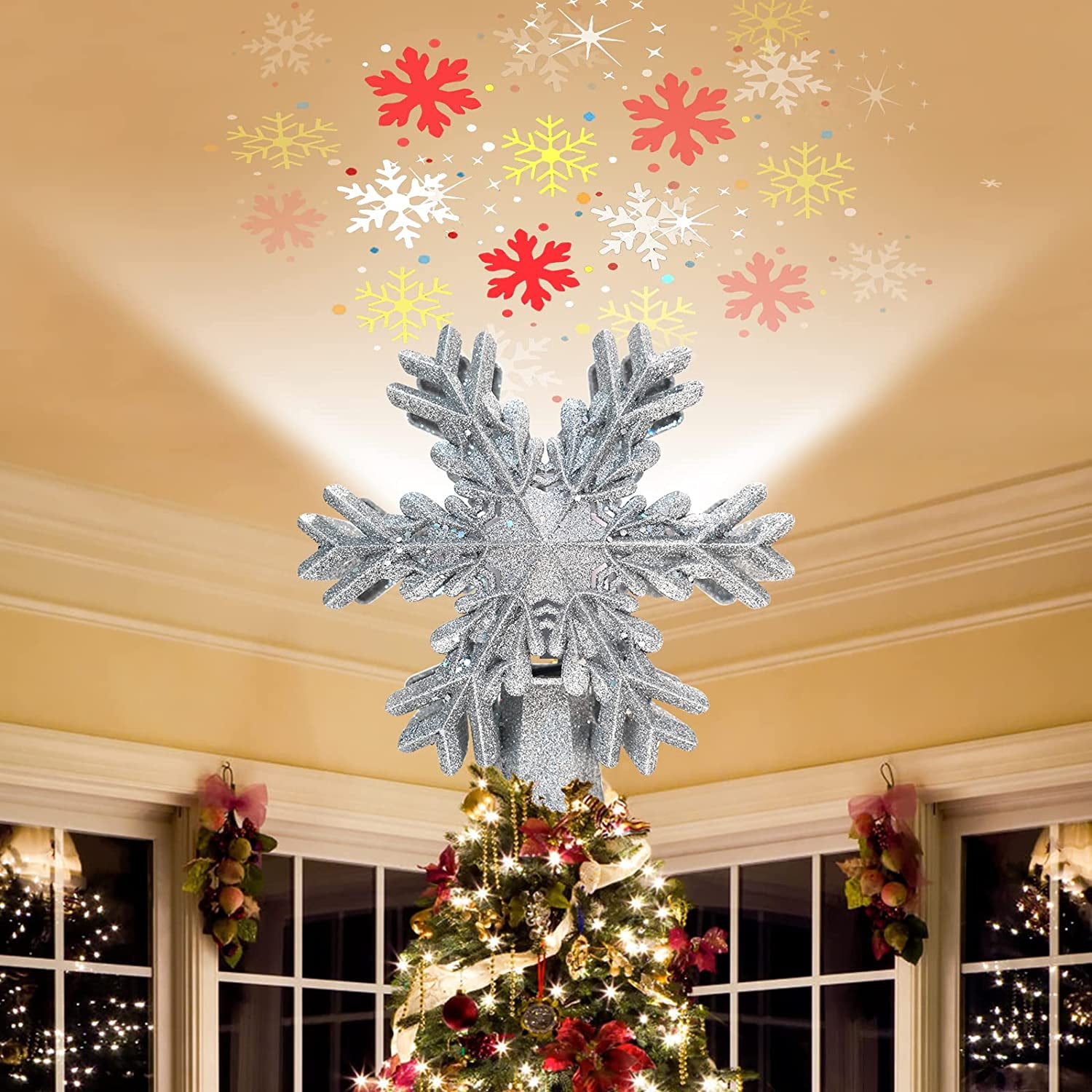 Christmas Tree Topper with Rotating Colorful Snowflake Projector,3D ...