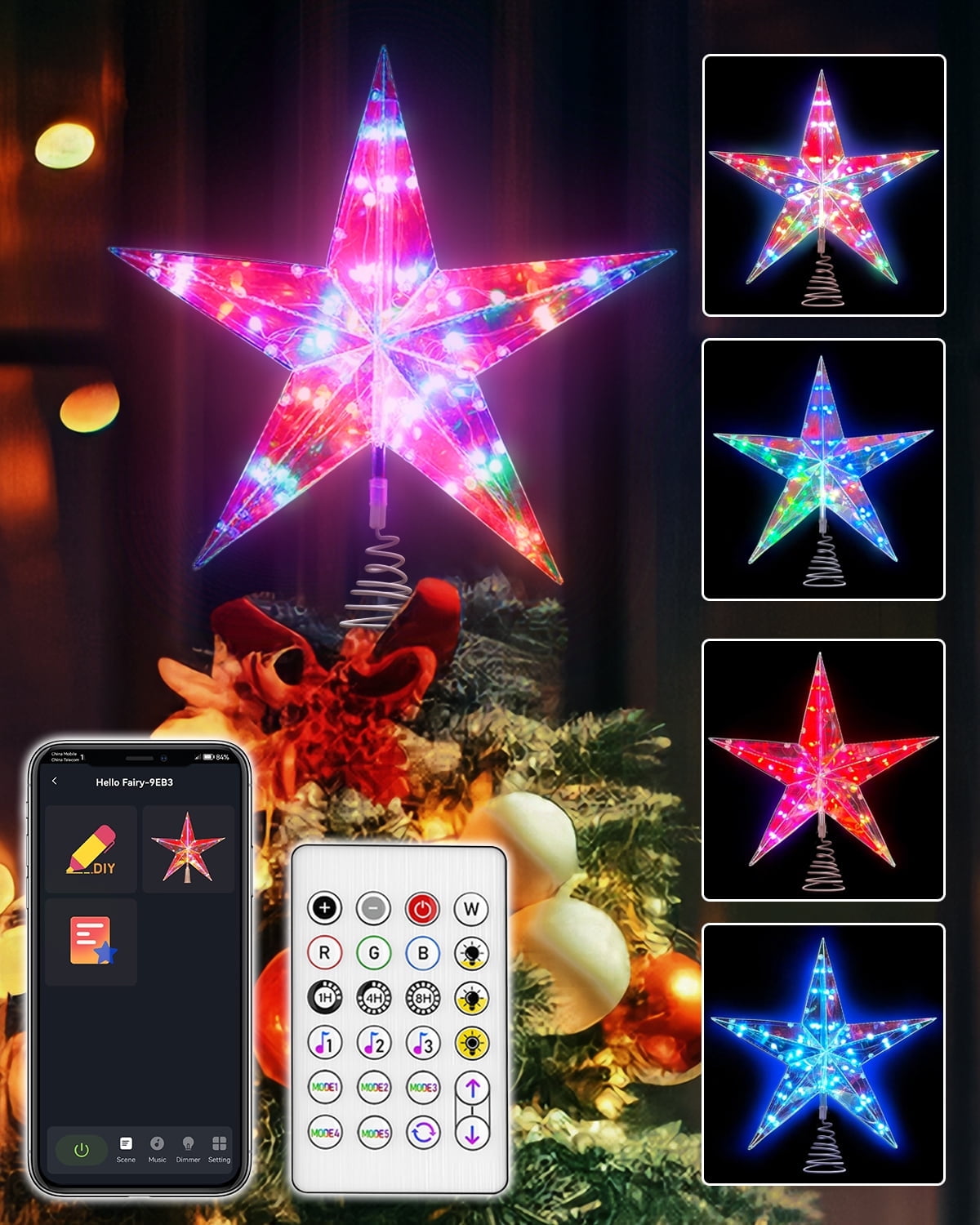 Christmas Tree Topper Smart Lighted 11.8 in with 16 Million Color Music ...