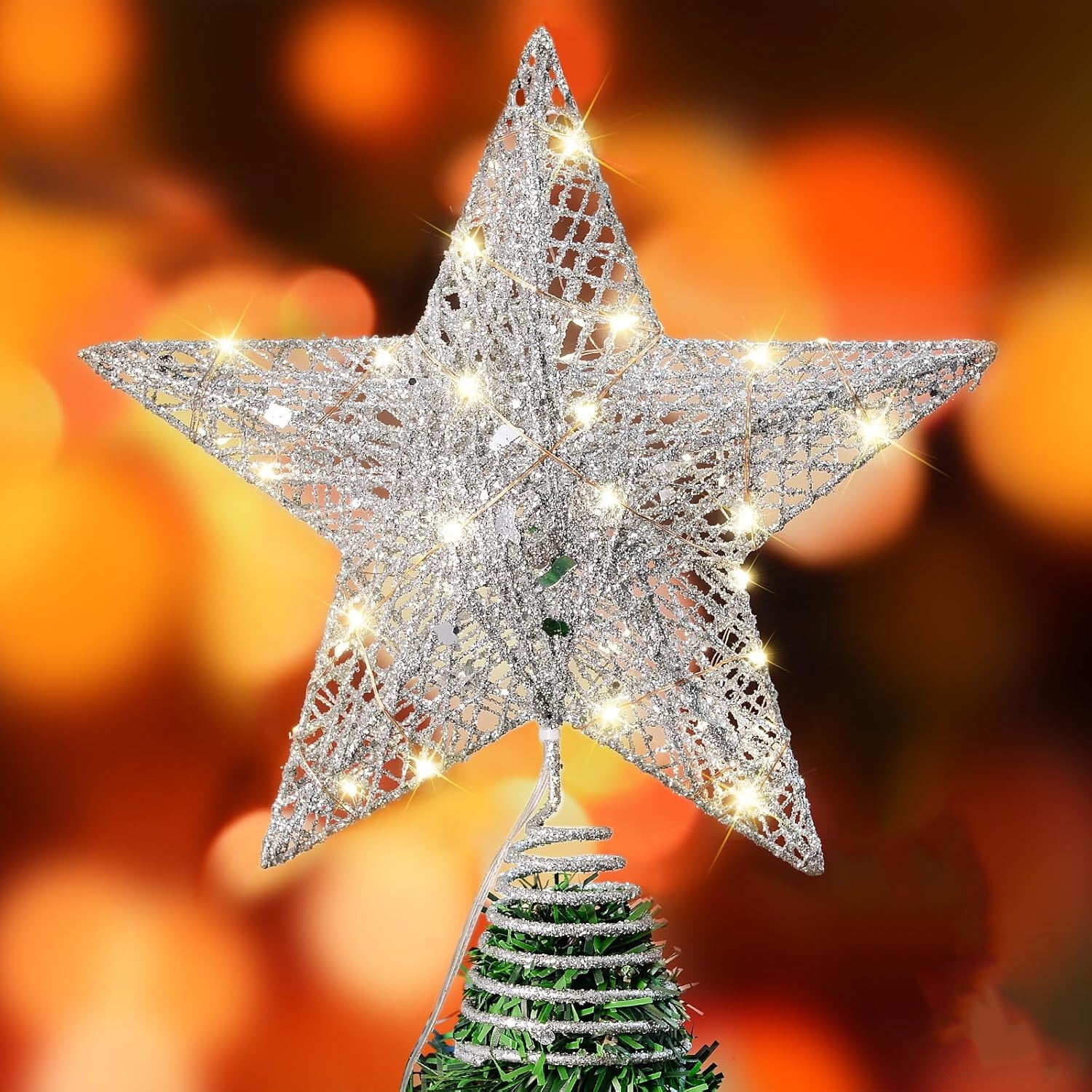 Christmas Tree Topper Star, 10 Inch Silver Glitter Tree Toppers with ...