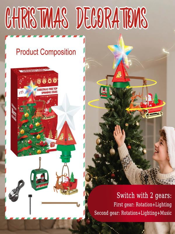 Christmas Tree Topper, Star Motion Rotating Santa's Reindeer Sleigh ...