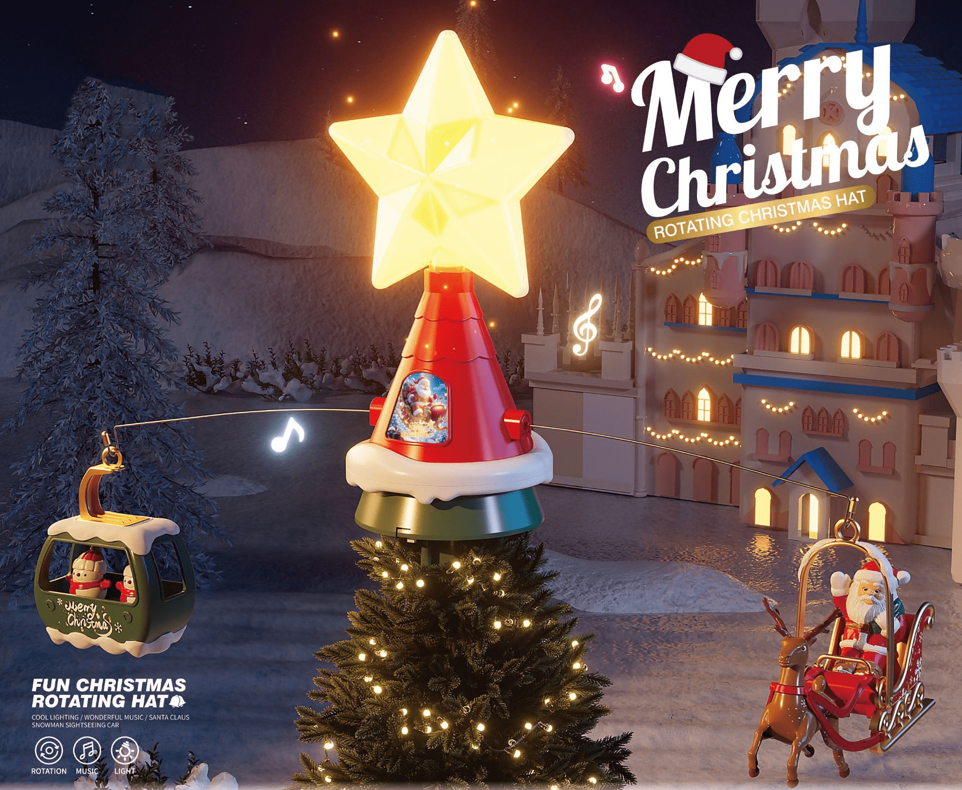 Christmas Tree Topper, Star Motion Rotating Santa's Reindeer Sleigh ...