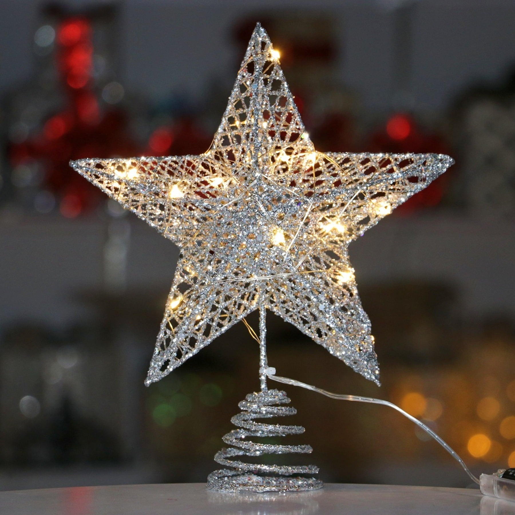 Christmas Tree Topper Star, Silver Glitter Tree Toppers with Lighted ...