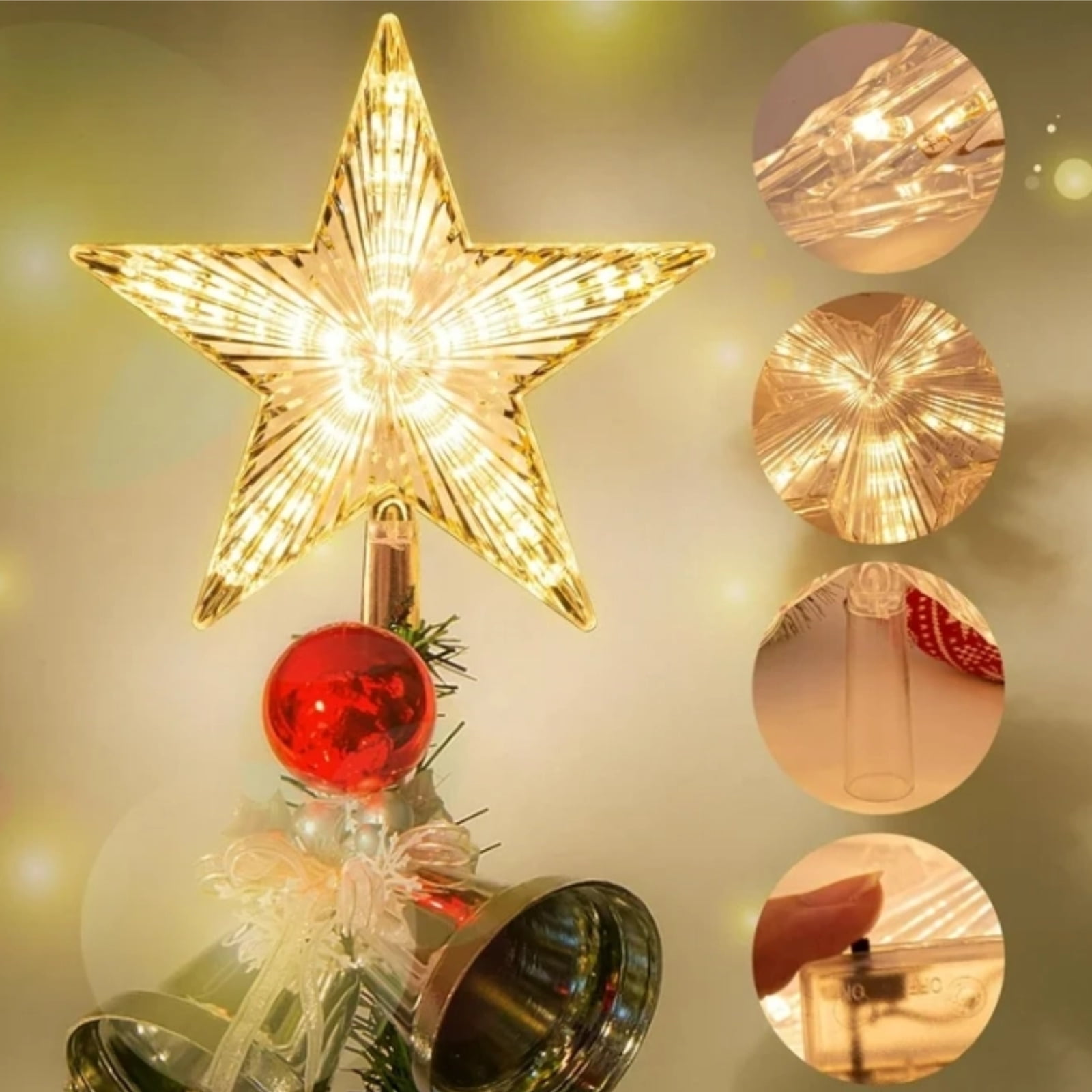 Christmas Tree Topper with LED Light,7.87" Clear Five-Pointed Star Tree ...