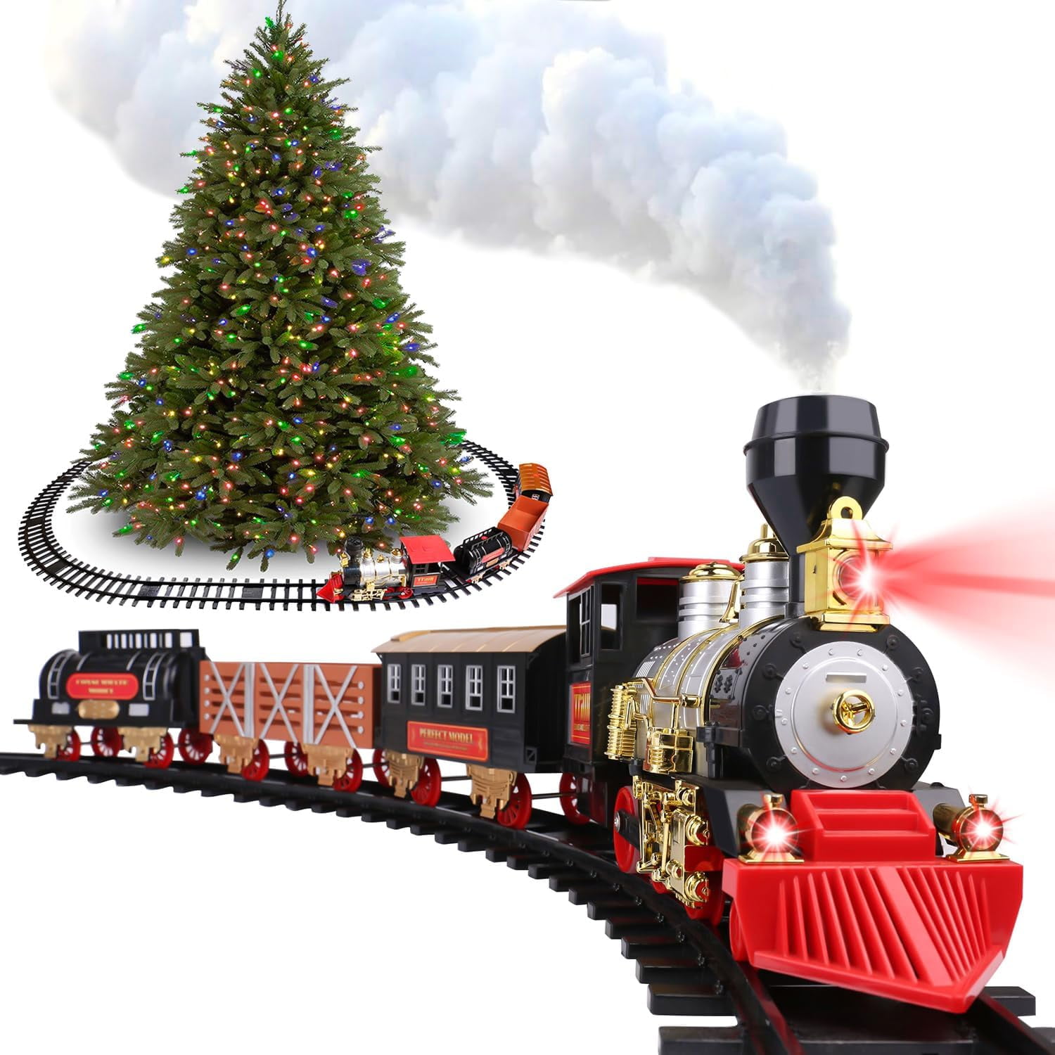 Christmas Tree Train Sets for Kids & Adults with Real Smokes, Lights ...