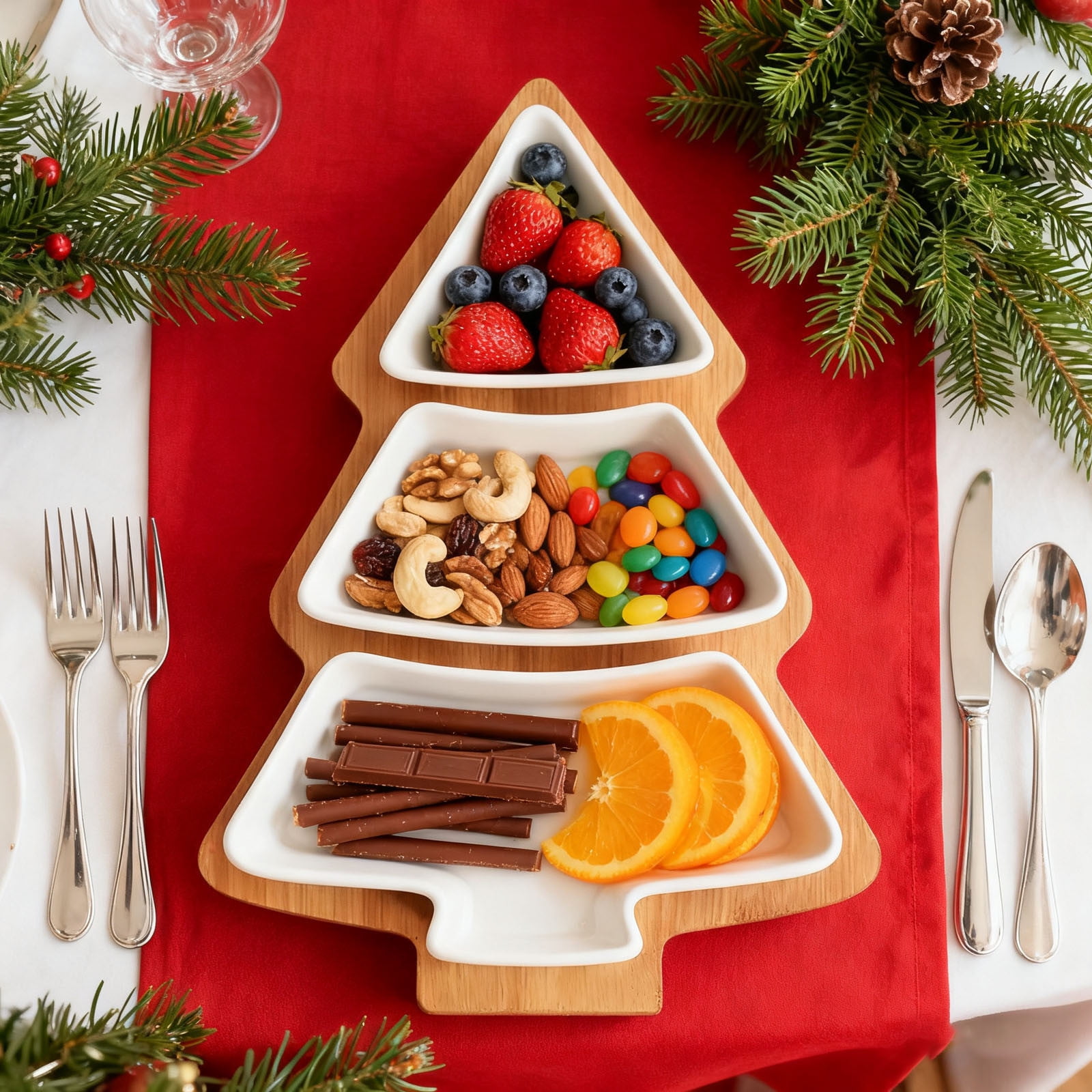 Christmas Tree Tray With Ceramic Bowl, Christmas Tree Shaped Snack Dish ...