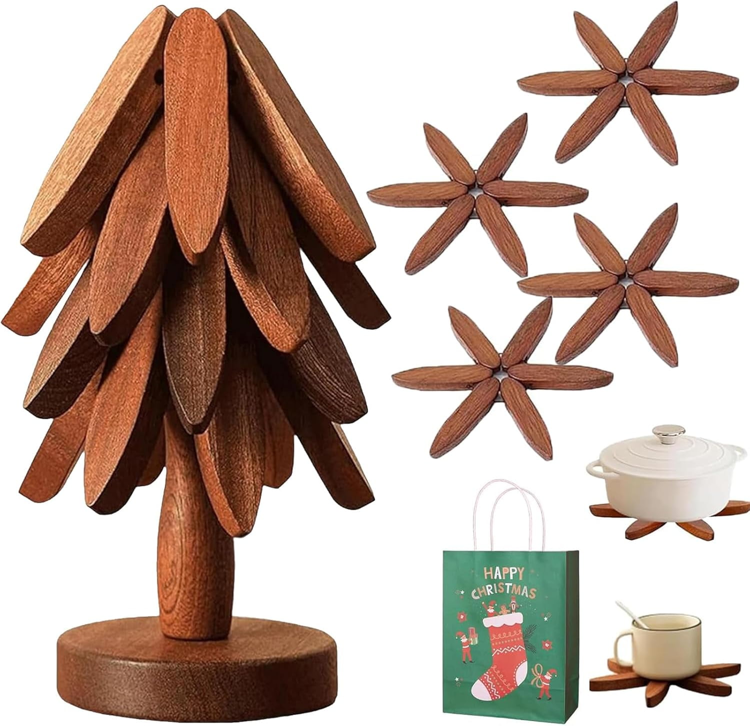 Christmas Tree Trivets Set of 4, Tree Trivet Set - 4 Wooden Trivets & 1 ...