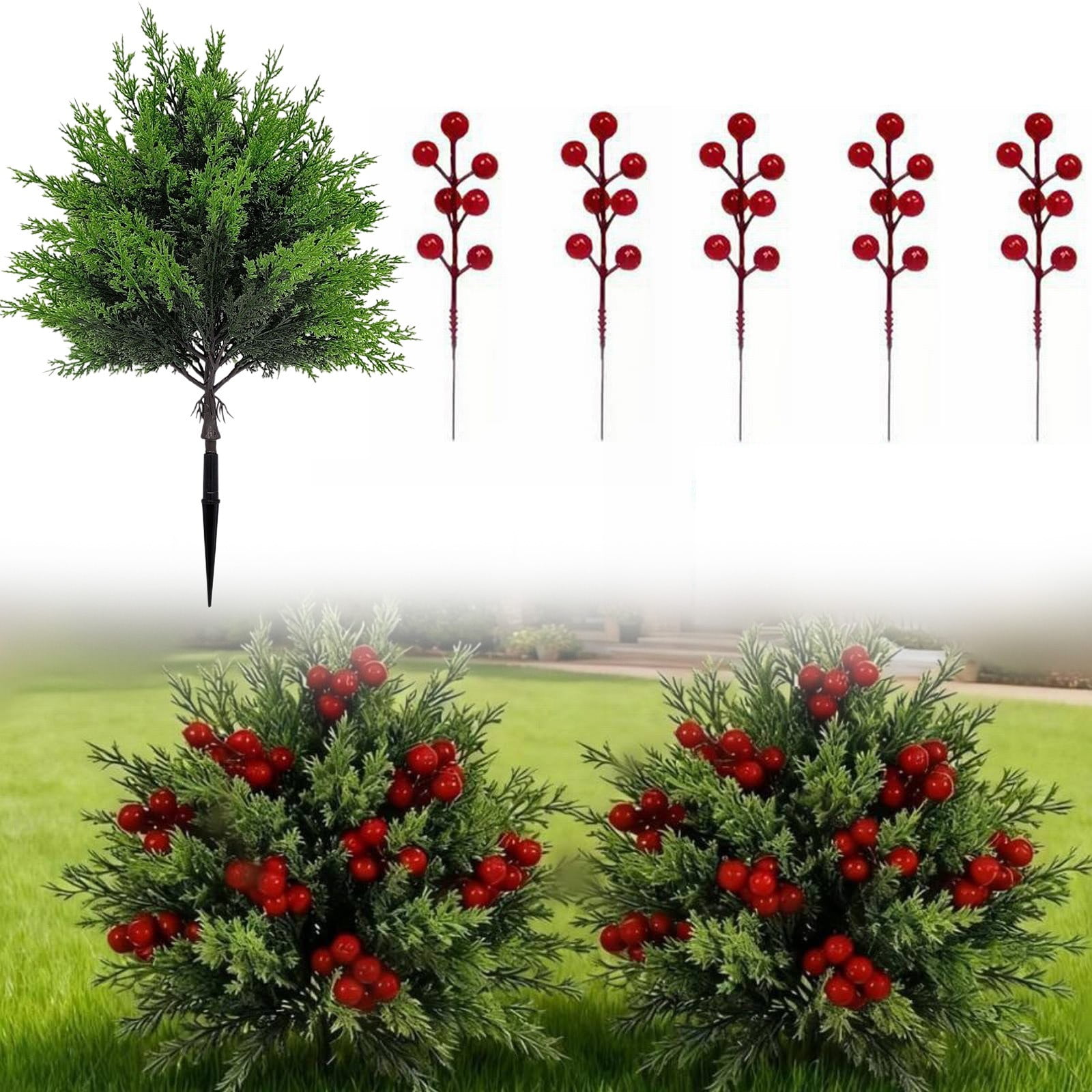 Christmas Tree Urn Filler, Artificial Xmas Pine Trees with Red Berry ...