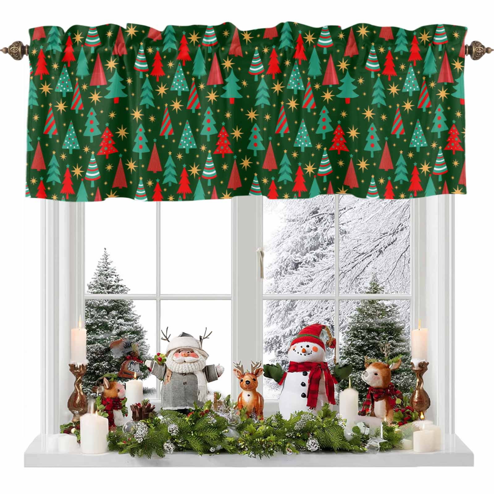 Christmas Tree Valances for Windows, Stripe Polka Dots Pine Trees Stars ...