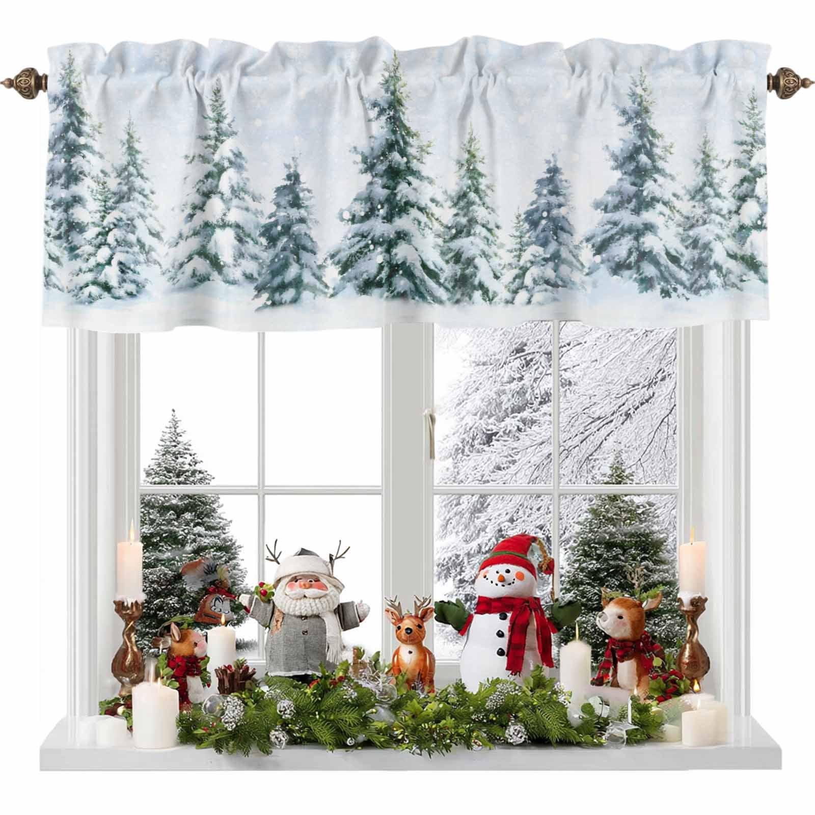 Christmas Tree Valances for Windows, Winter Snow Scene Pine Trees ...