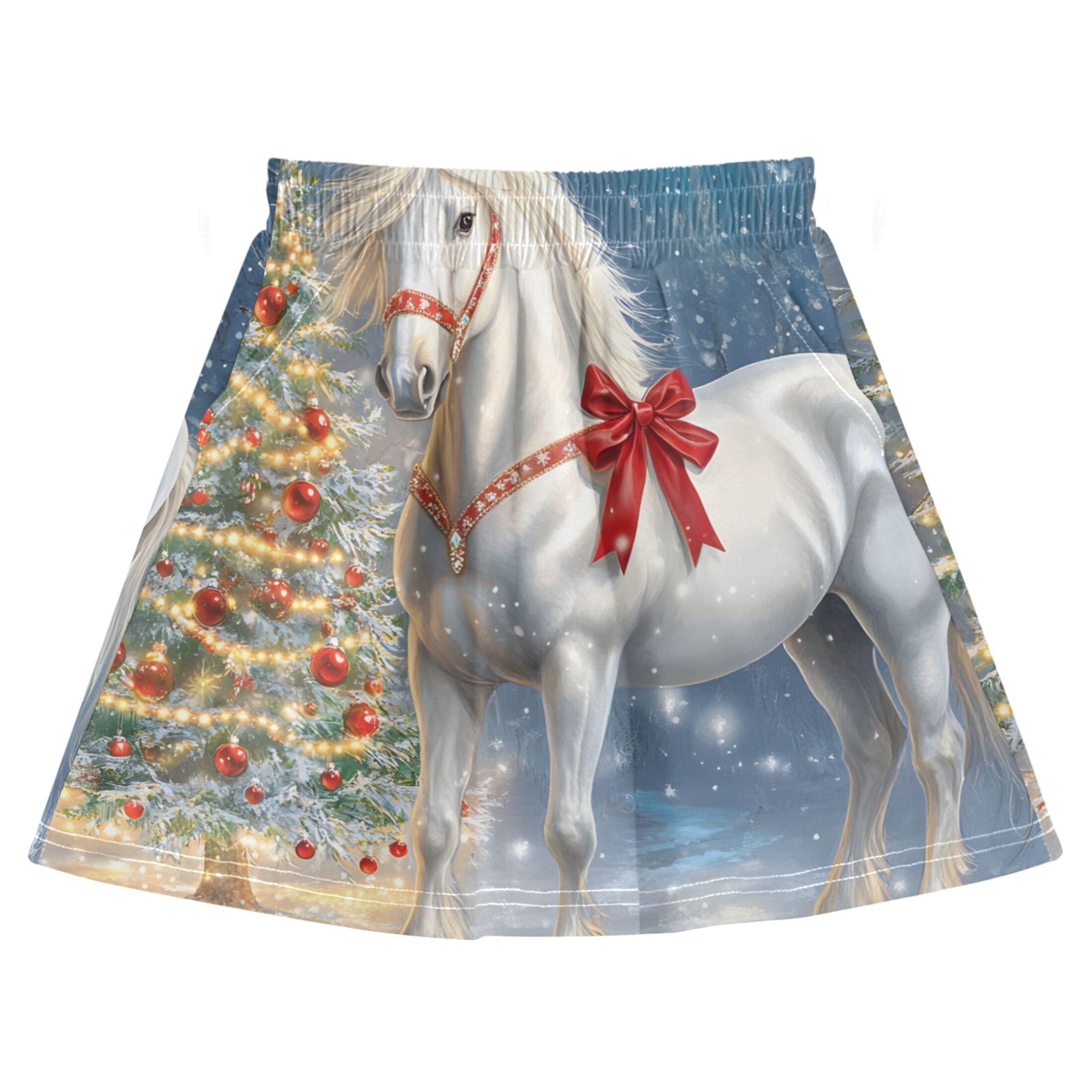 Christmas Tree White Horse Cotton Skirt Built-in Liner Elastic A-Line ...